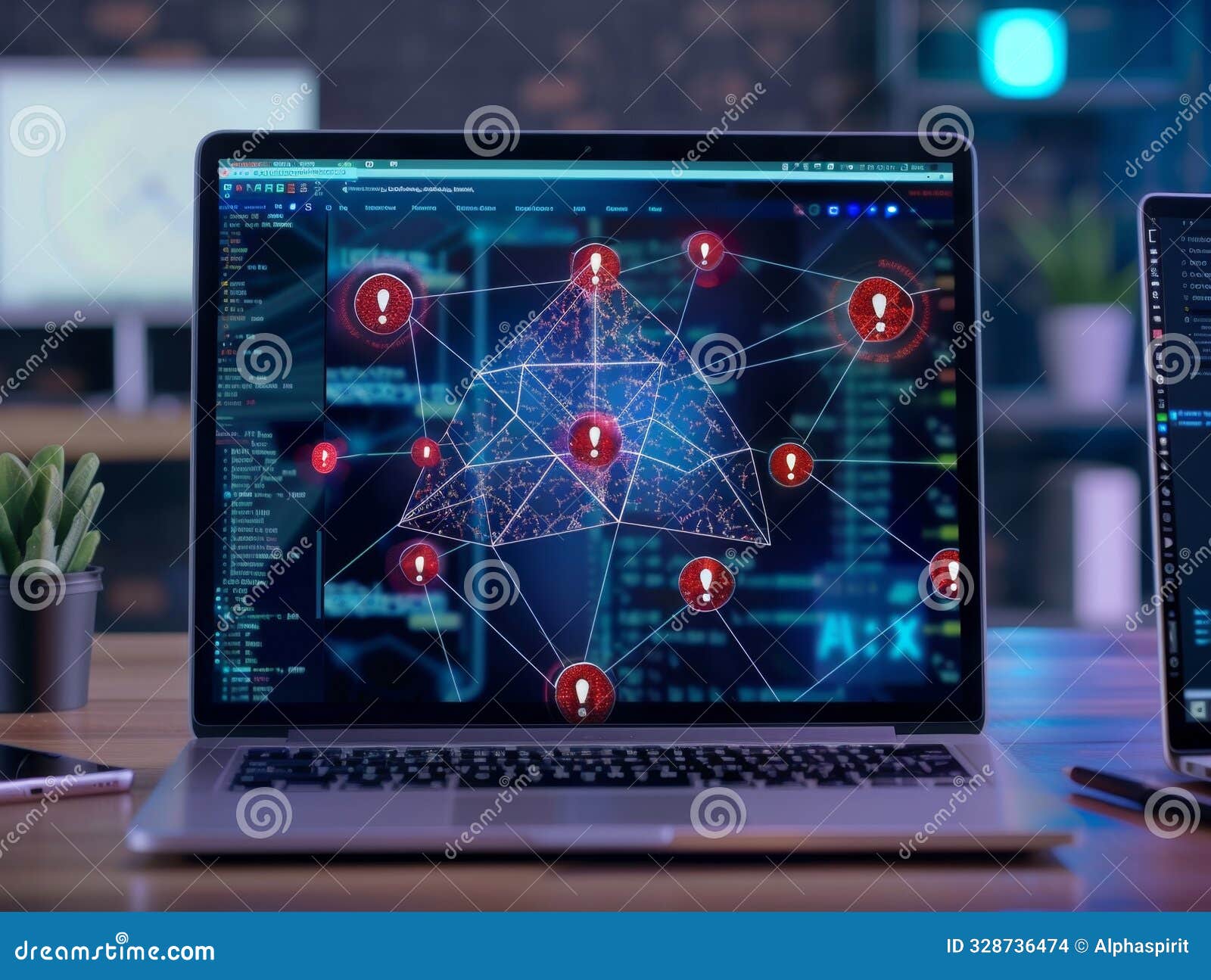 Laptop Showing Alert Icons Network Security Breach Warning on Computer ...