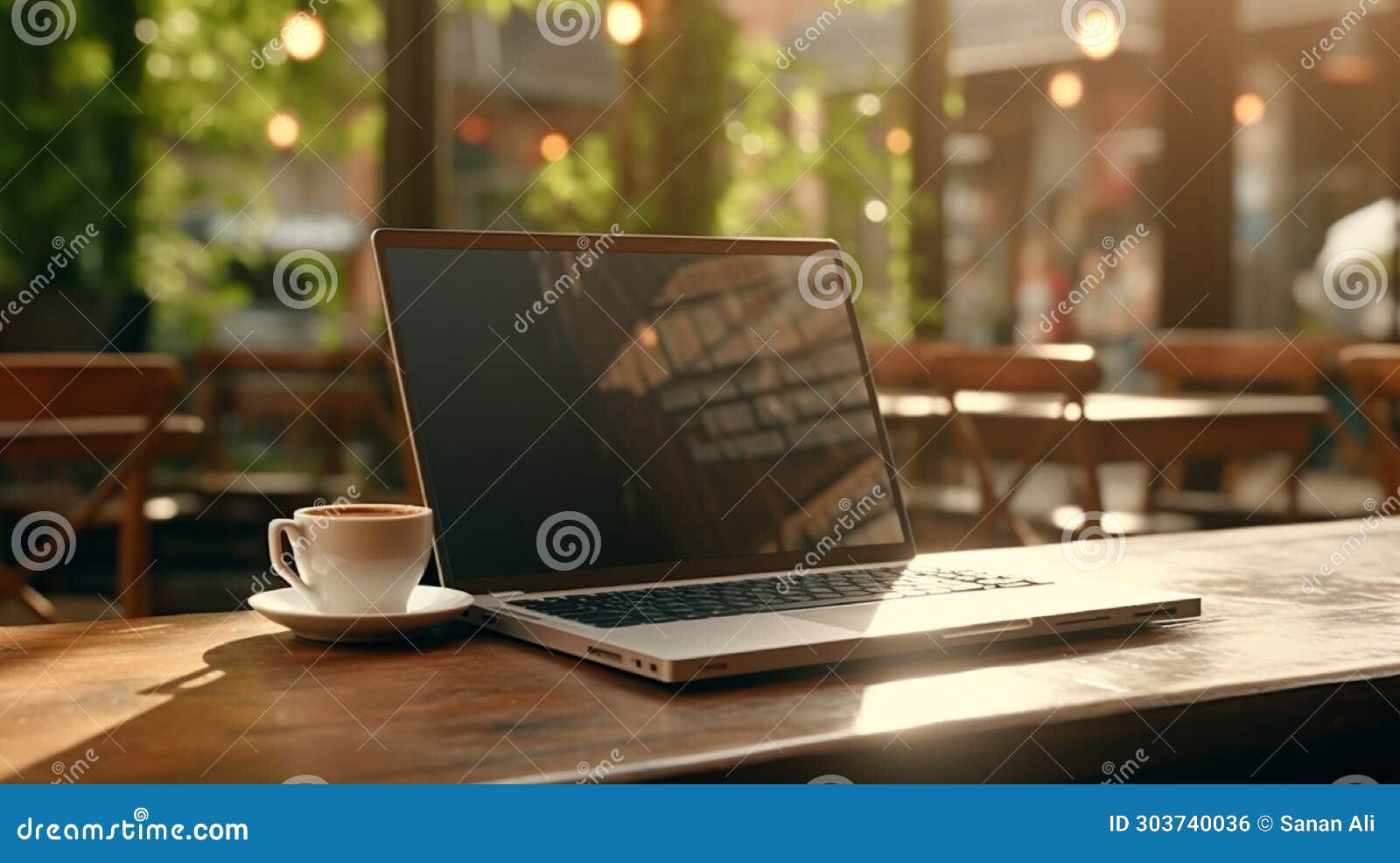 Laptop Showing Blank Screen in Coffee Shop Restaurant Stock ...