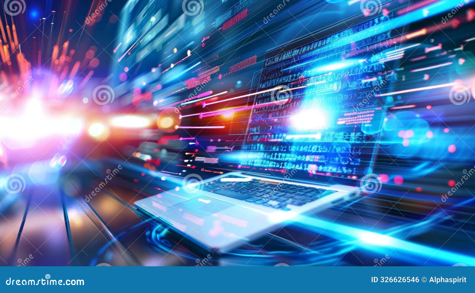 Laptop Showing Futuristic Code Running through Internet Network Stock ...