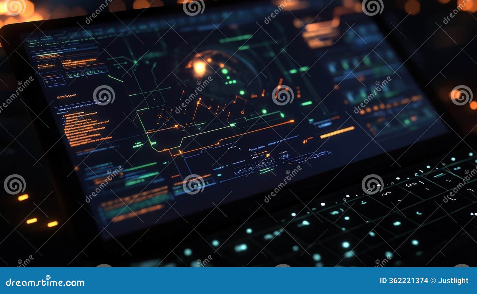 Laptop Showing Futuristic Cyber Security Interface with Blurred Lights ...