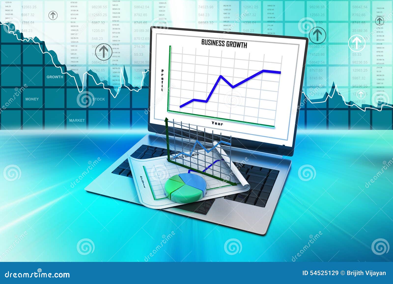 Laptop Showing a Spreadsheet and a Paper with Statistic Charts Stock ...