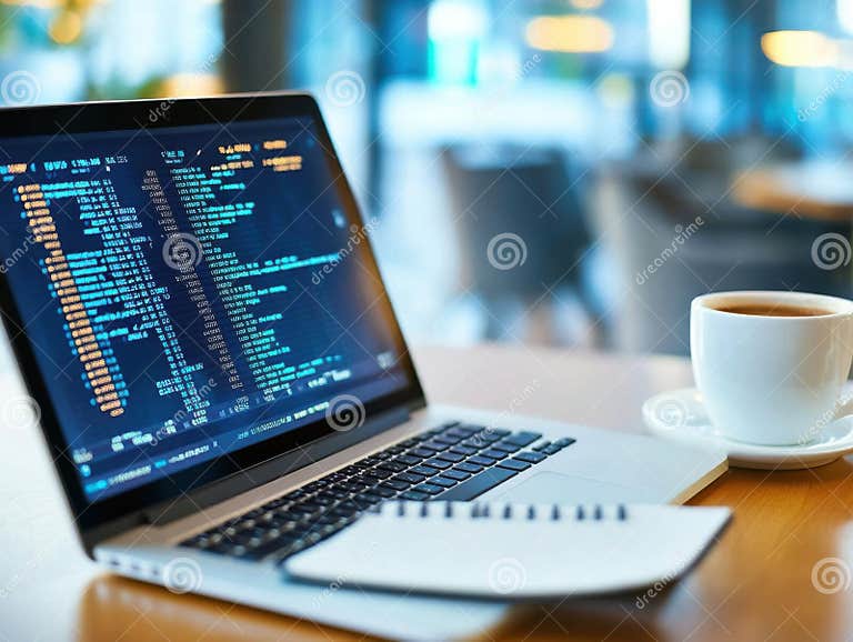 Laptop Shows Code, Programmer Drinks Coffee, Remote Work Concept Stock Illustration ...