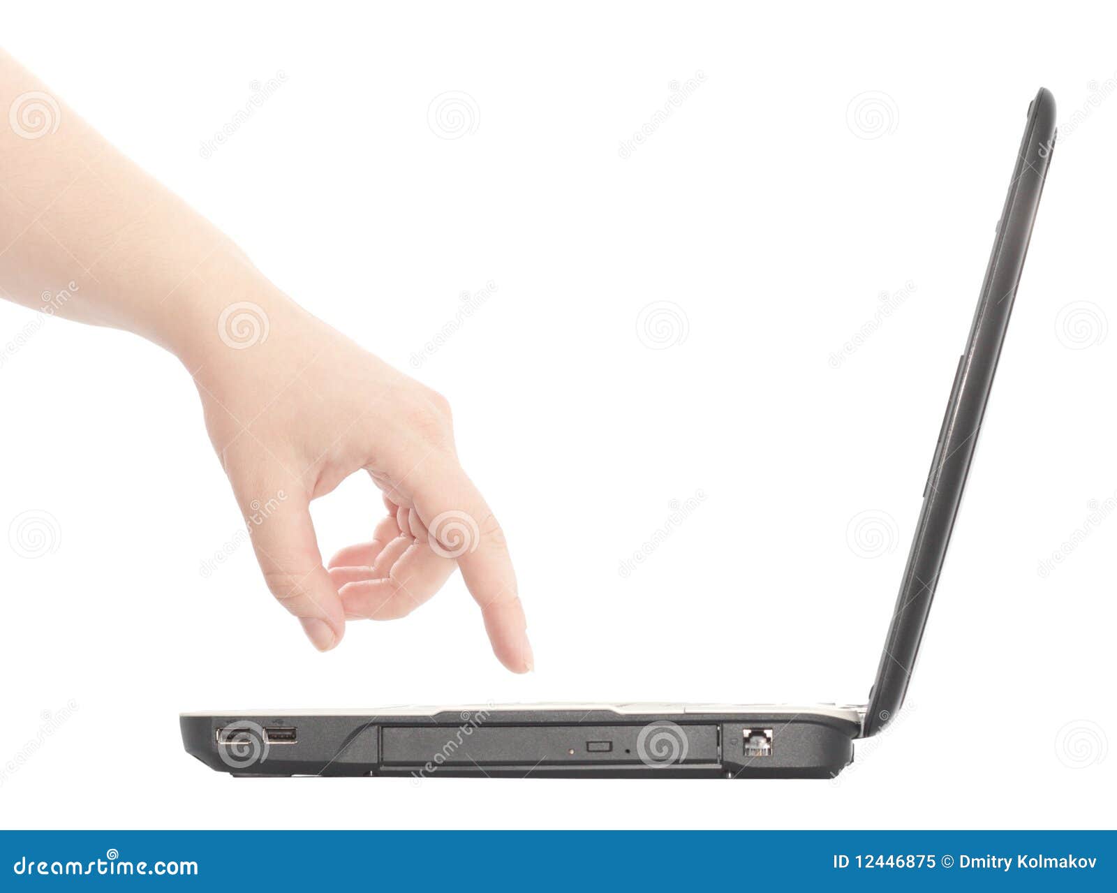 The Laptop a Side View a Female Hand Touch on Keys Stock Image - Image ...