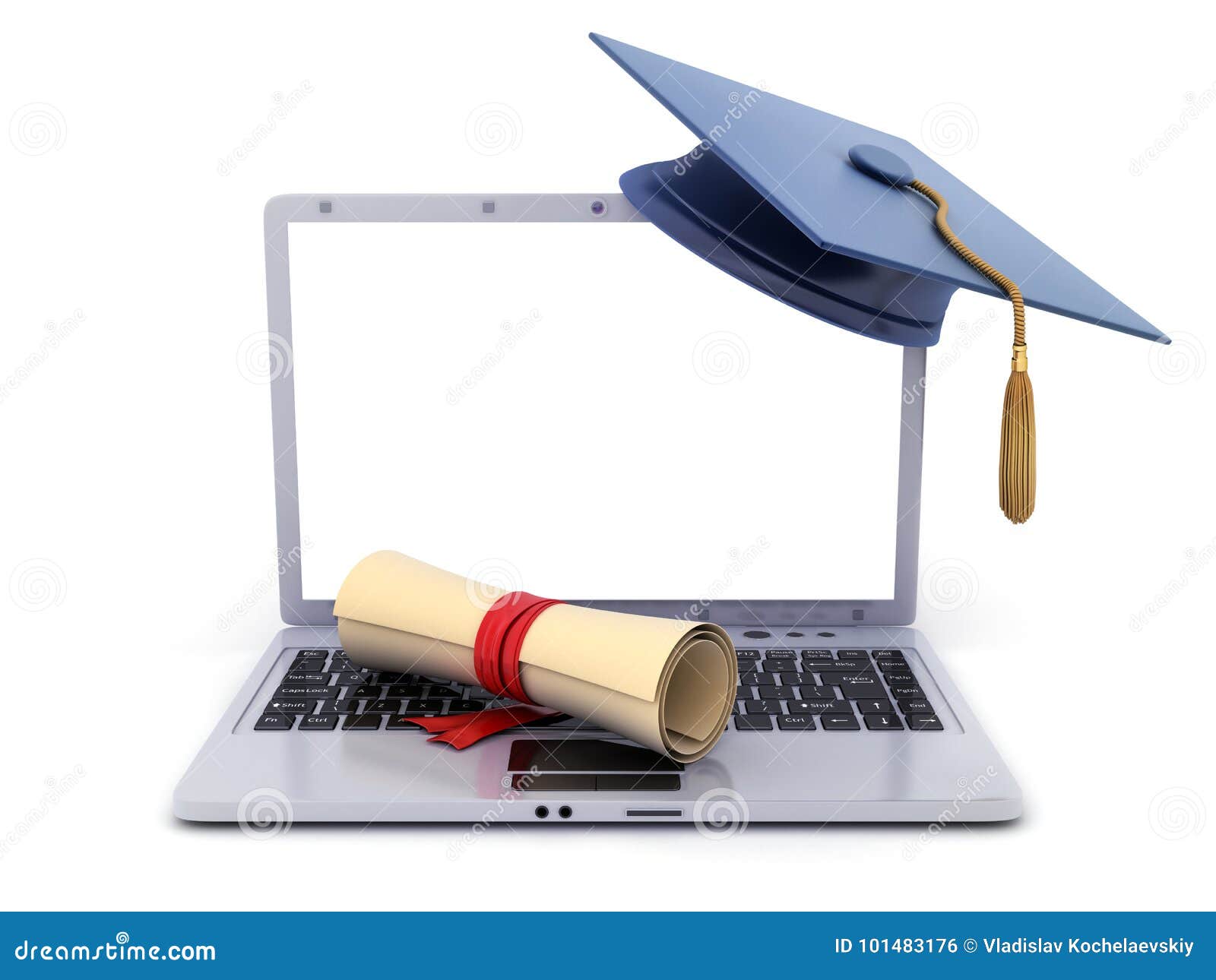 Laptop and sign e-learning stock illustration. Illustration of white ...