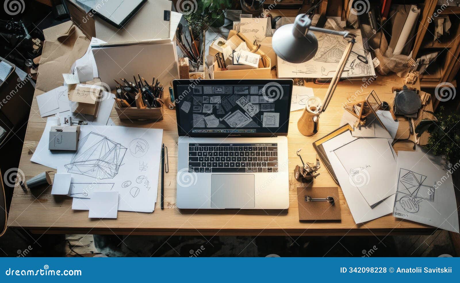 A Laptop Sits Amidst Various Sketches and Drafting Tools, Surrounded by ...