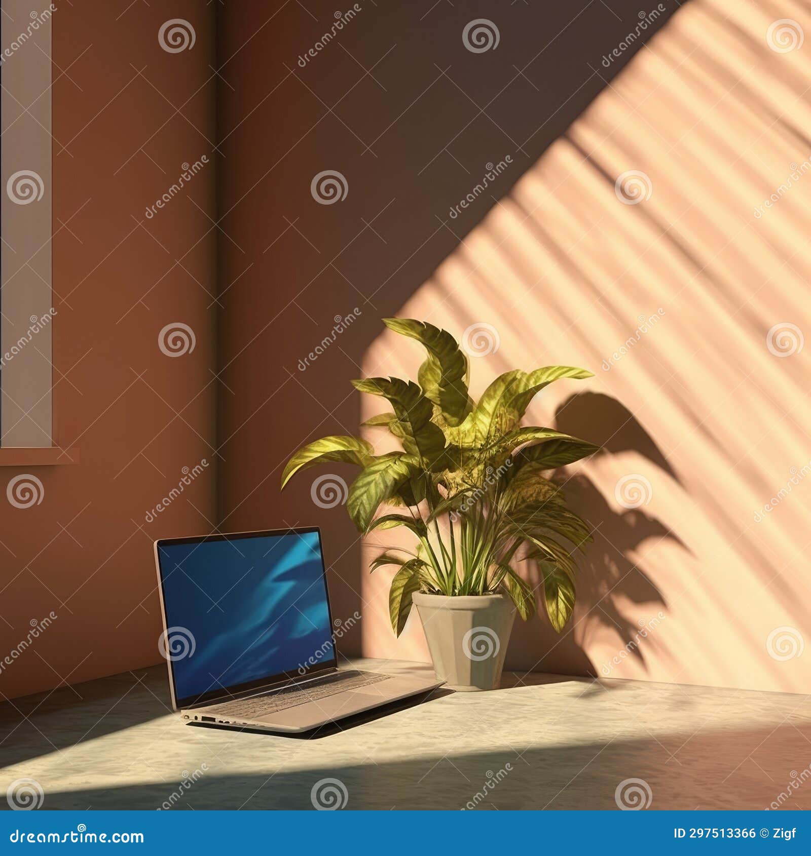 Laptop Sits on Table in Front of Window Stock Illustration ...