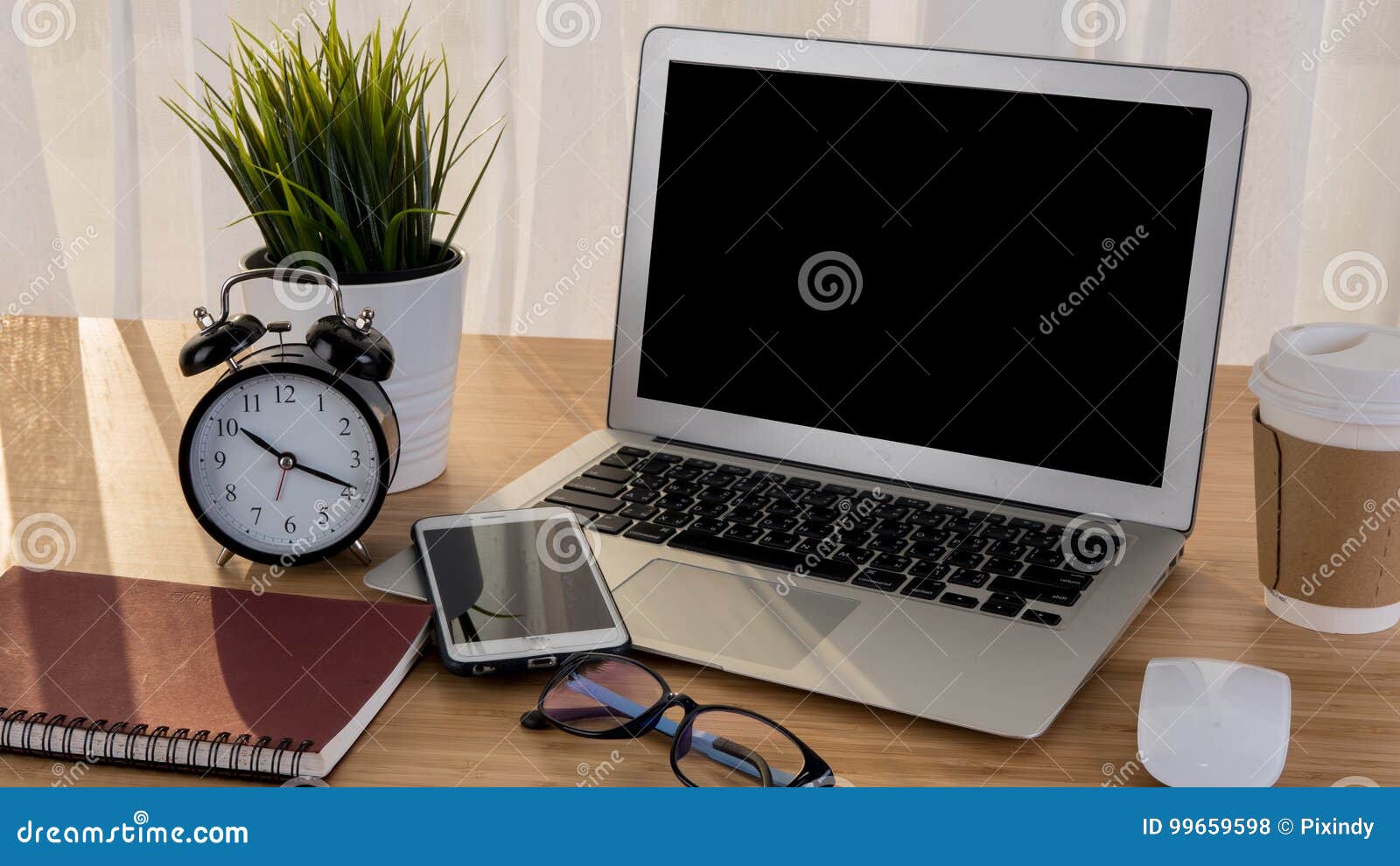 Laptop with Smart Phone Notebook and Coffee Cup on Workplace Table ...