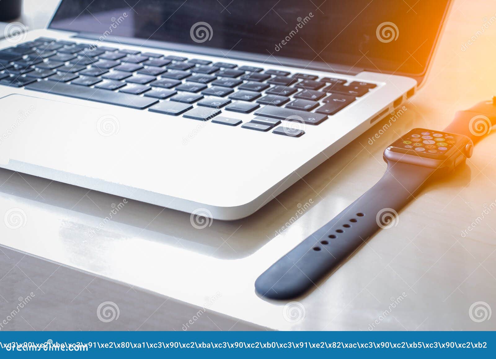 Laptop and smart watch editorial stock image. Image of network - 73162719