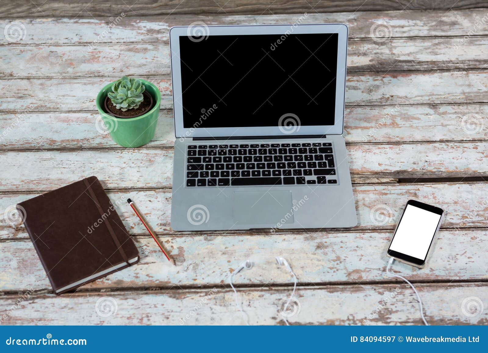 Laptop, Smartphone and Diary with Pot Plant Stock Image - Image of ...