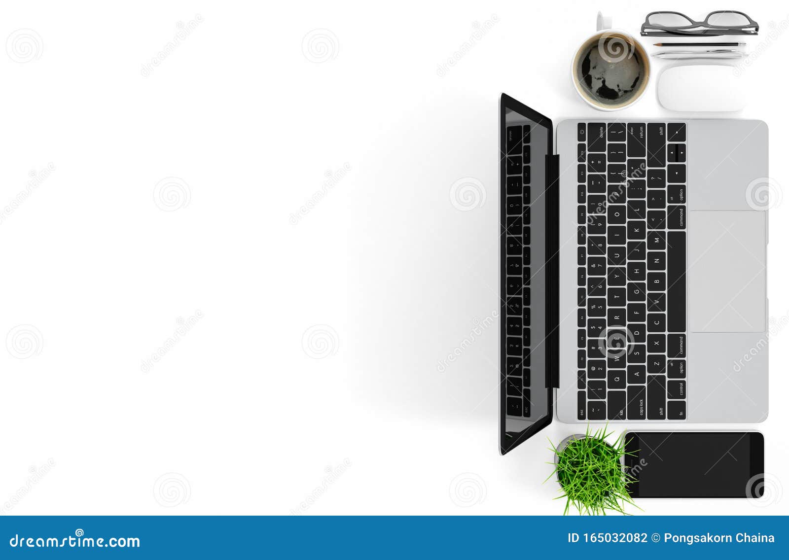 Laptop and Smartphone on White Table, Top View with Copy Space, 3d ...