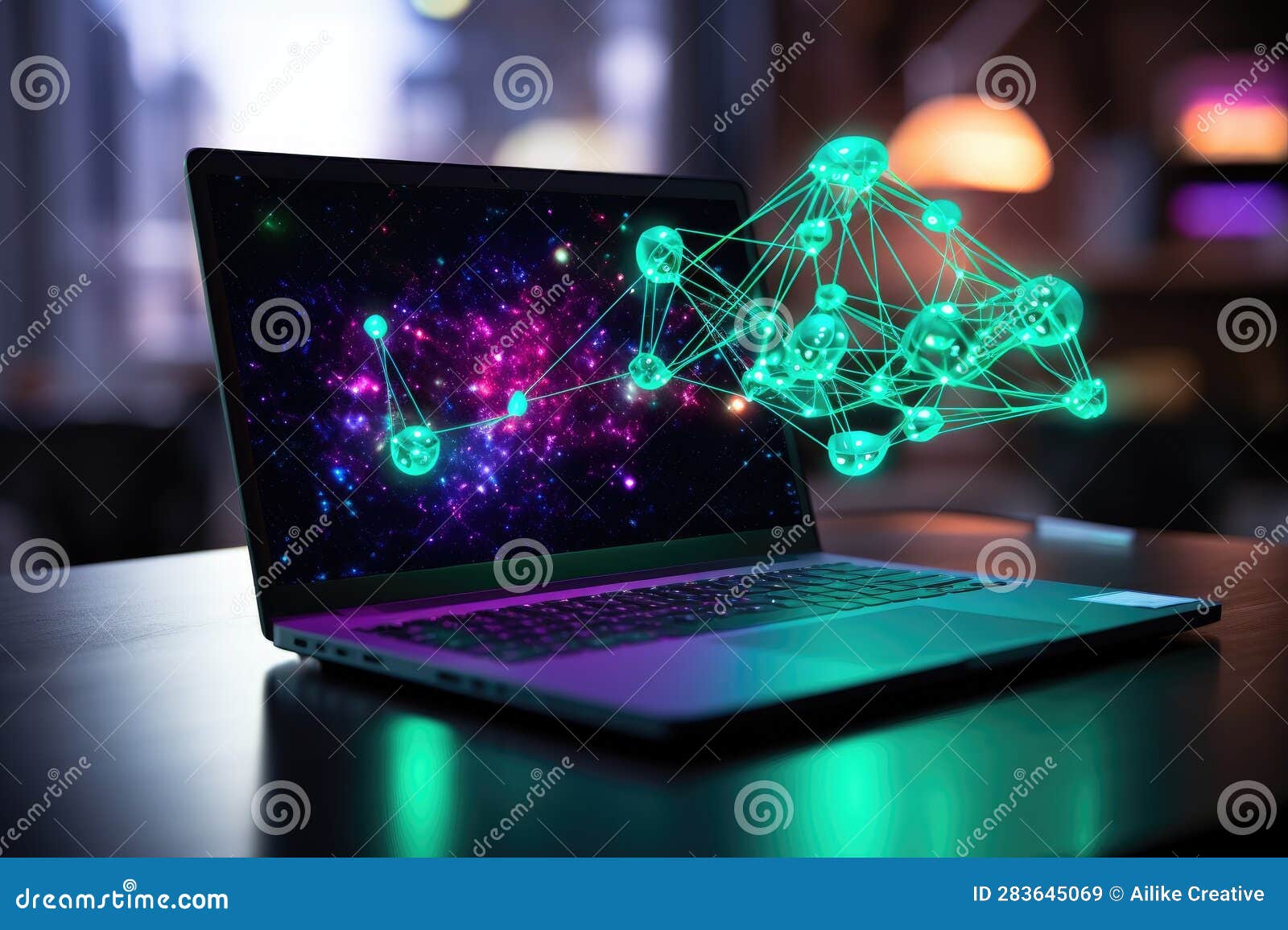 Laptop with Social Network Hologram on Table. 3d Rendering Stock ...