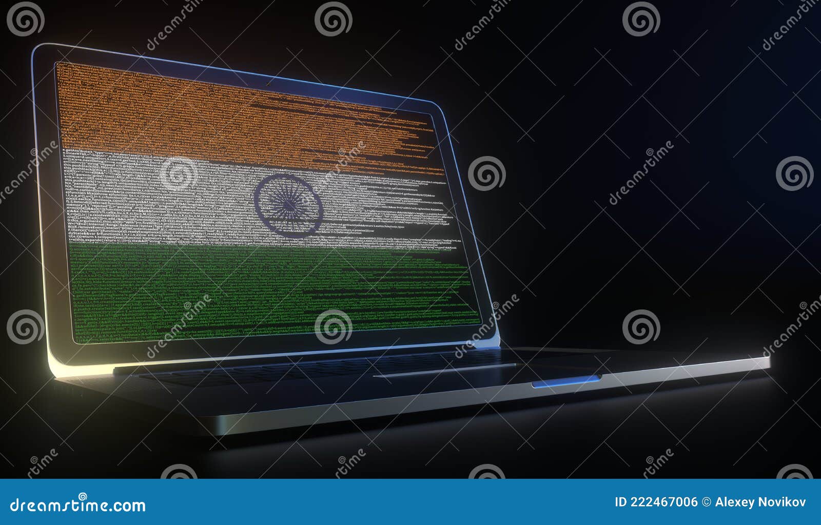 Laptop and Source Code on the Screen Composing Flag of India. National ...