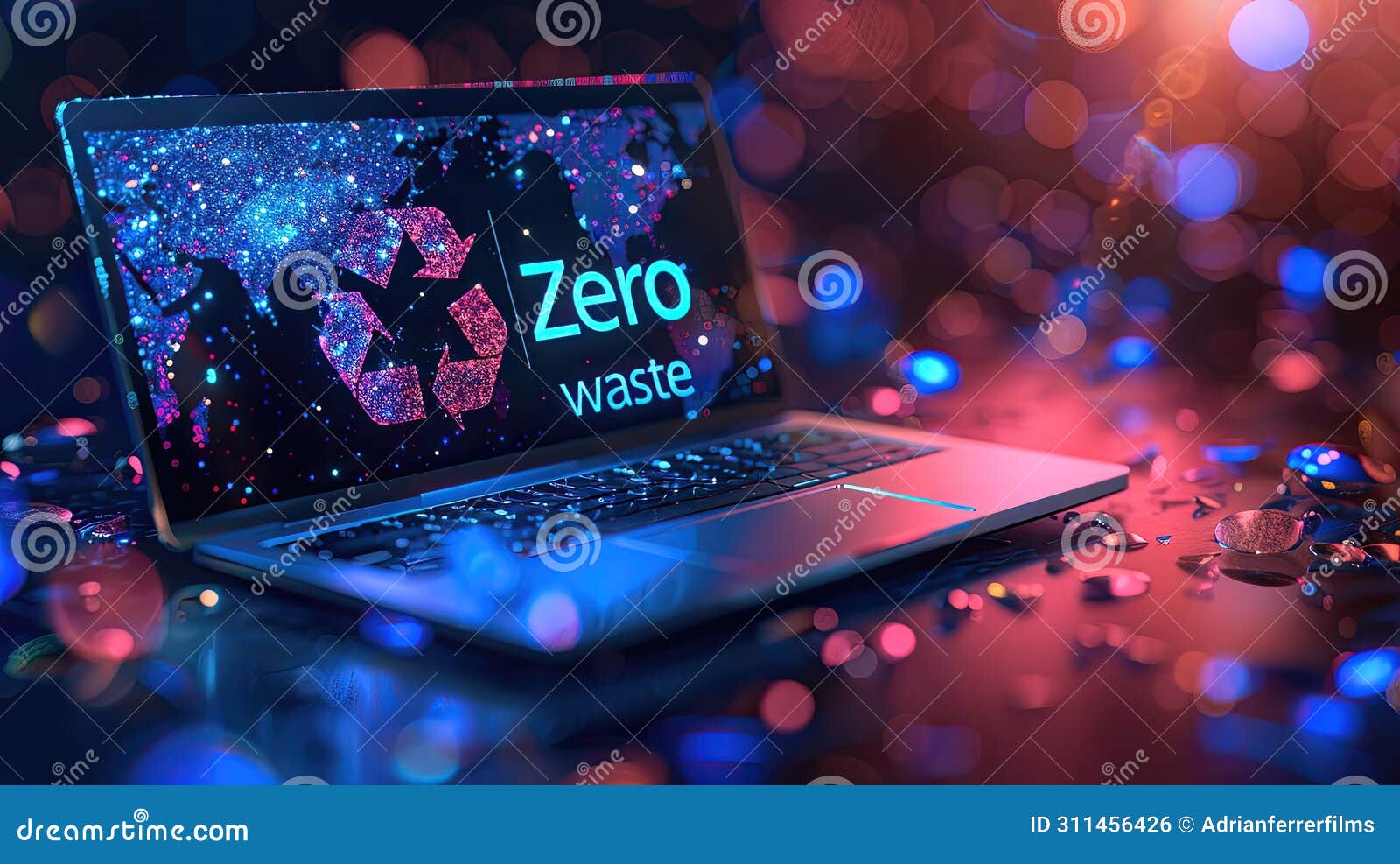 Laptop with Sparkling Zero Waste Symbol and Festive Background. Stock ...
