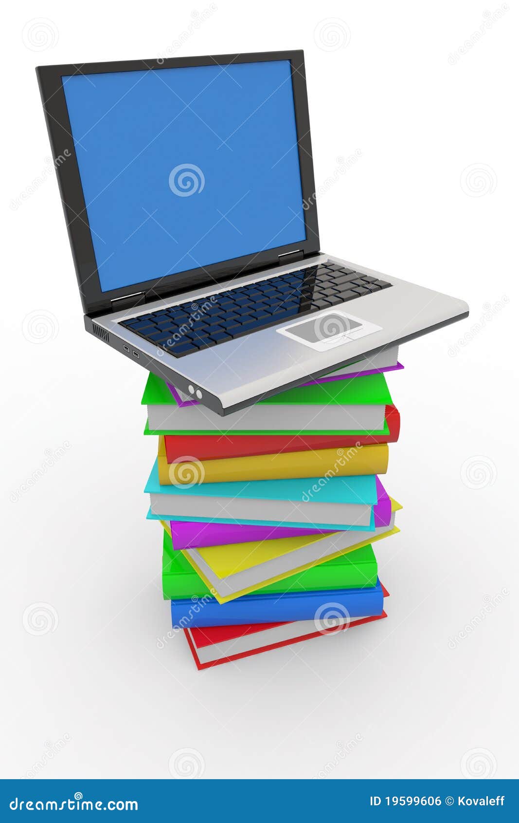 Laptop on stack of books stock illustration. Illustration of concept ...