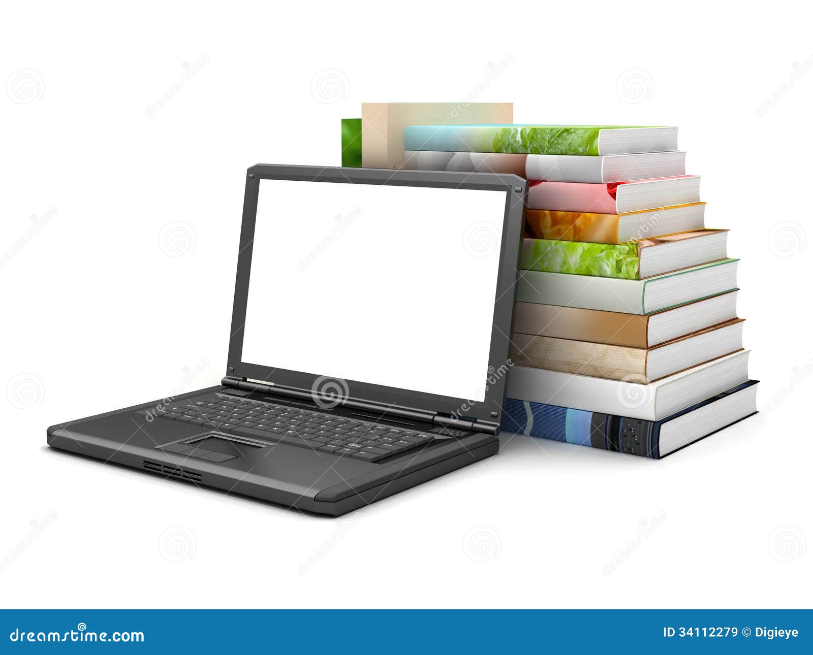 Laptop and stack of books stock illustration. Illustration of laptop ...