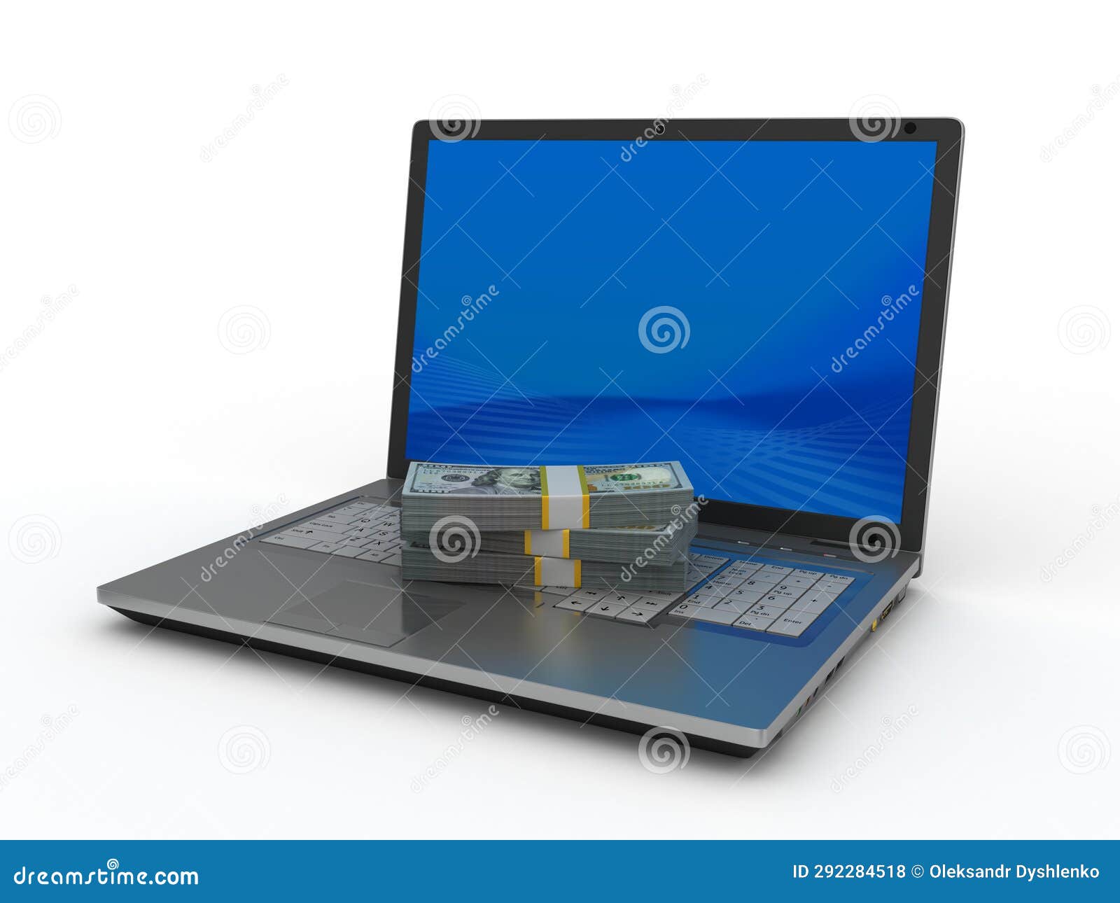 Laptop with Stack of Dollars. 3d Render on White Background Stock ...