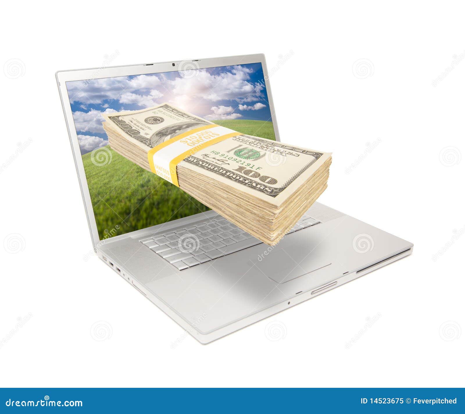 Laptop with Stack of Money Coming from Screen Stock Image - Image of ...