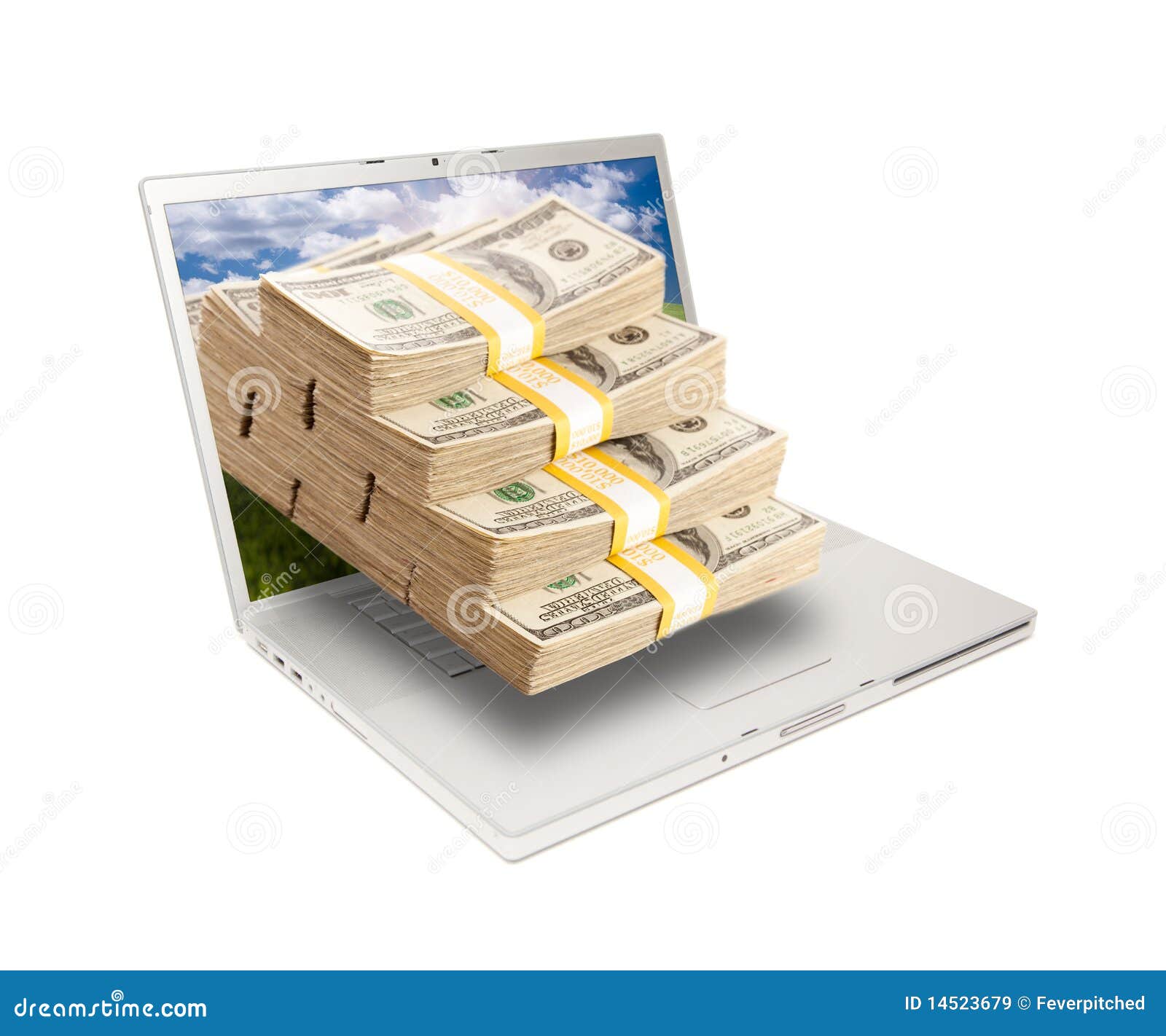 Laptop with Stacks of Money Coming from Screen Stock Image - Image of ...