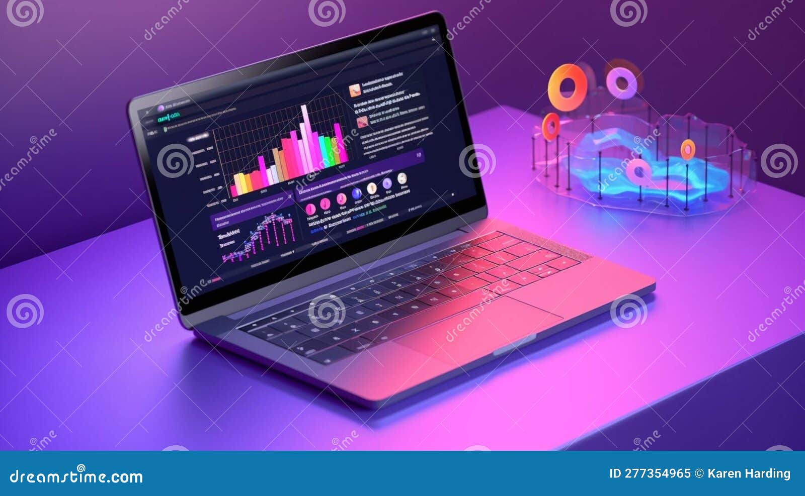 Laptop with Stats in Purple Light Stock Illustration - Illustration of ...