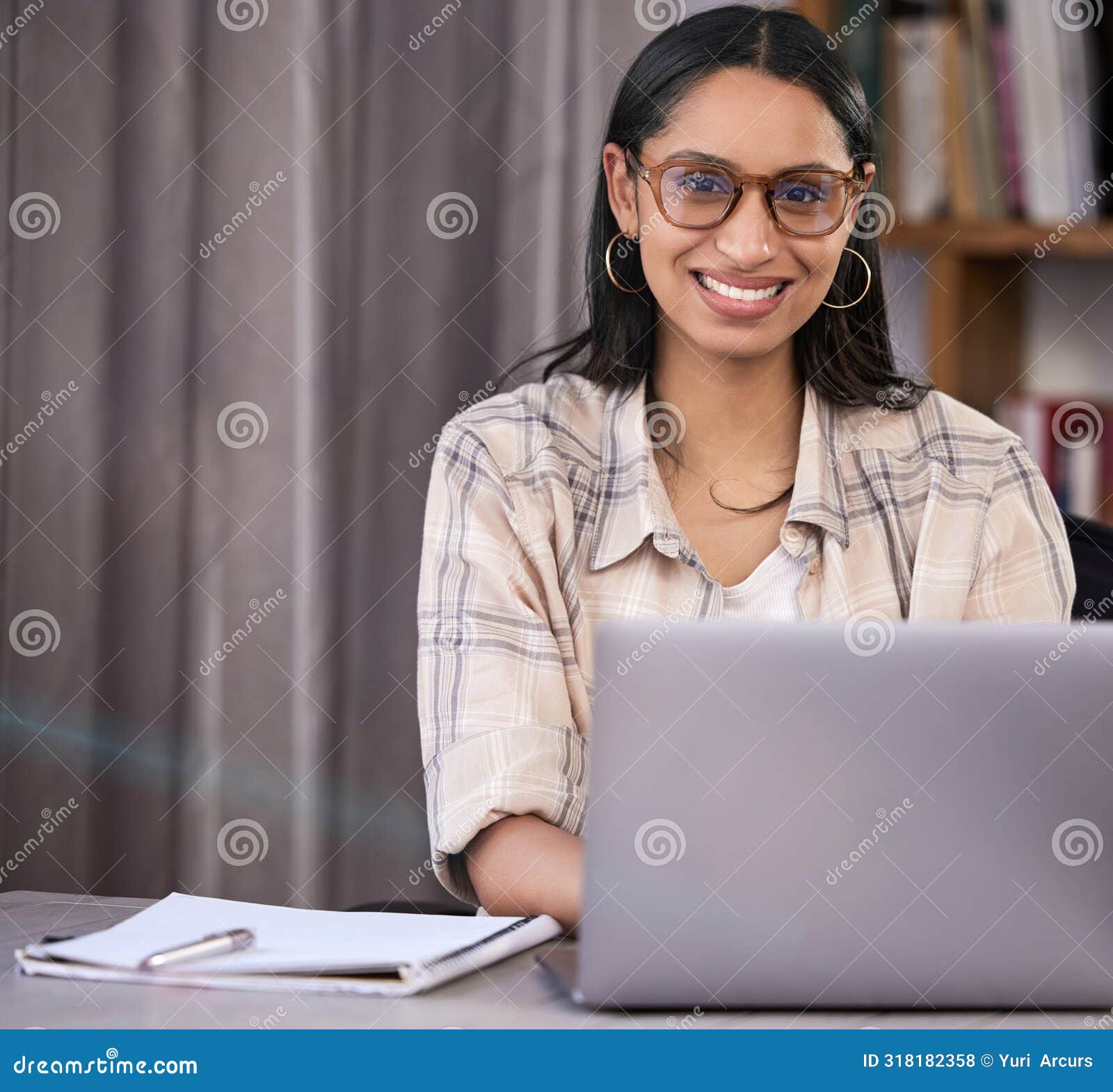 Laptop, Study and Portrait of Student by Table for Elearning, Knowledge ...