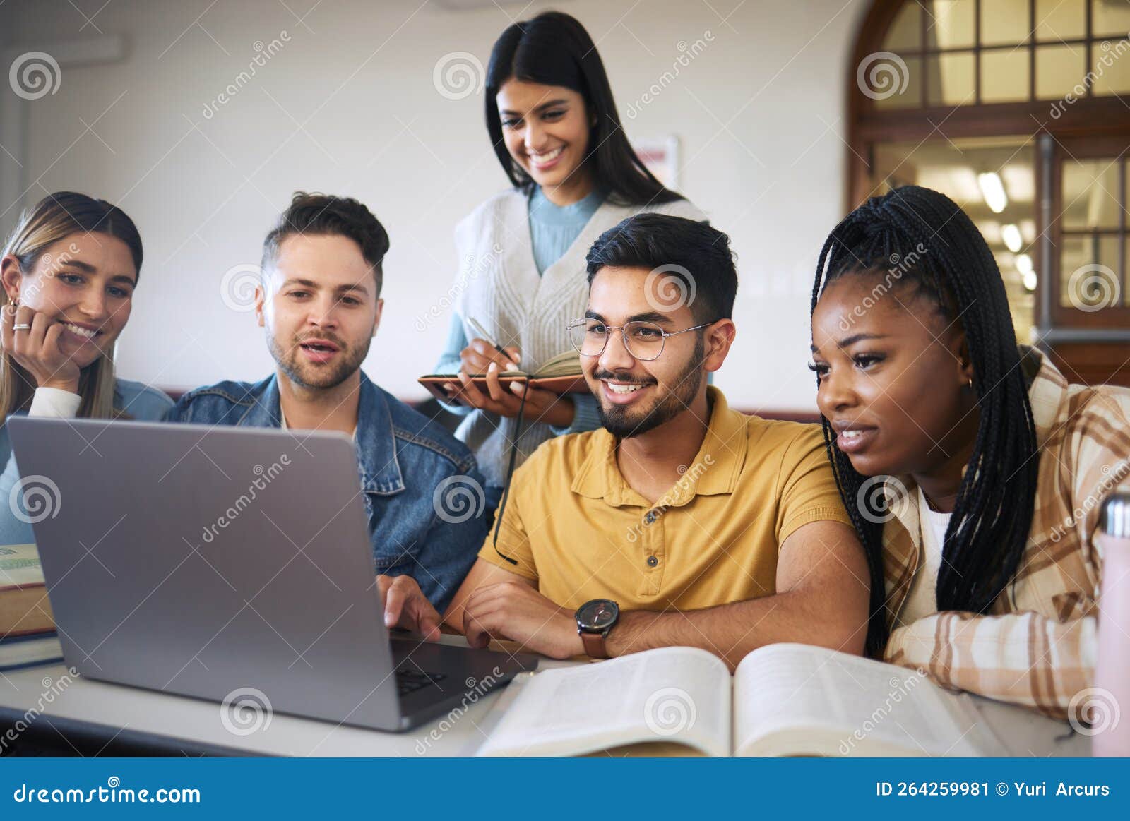 Laptop, Study and Students with Group Project for Online Course, E ...