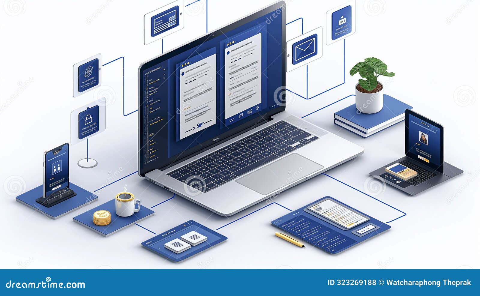 A Laptop Surrounded by Digital Interfaces, Devices, Coffee, and Plant ...