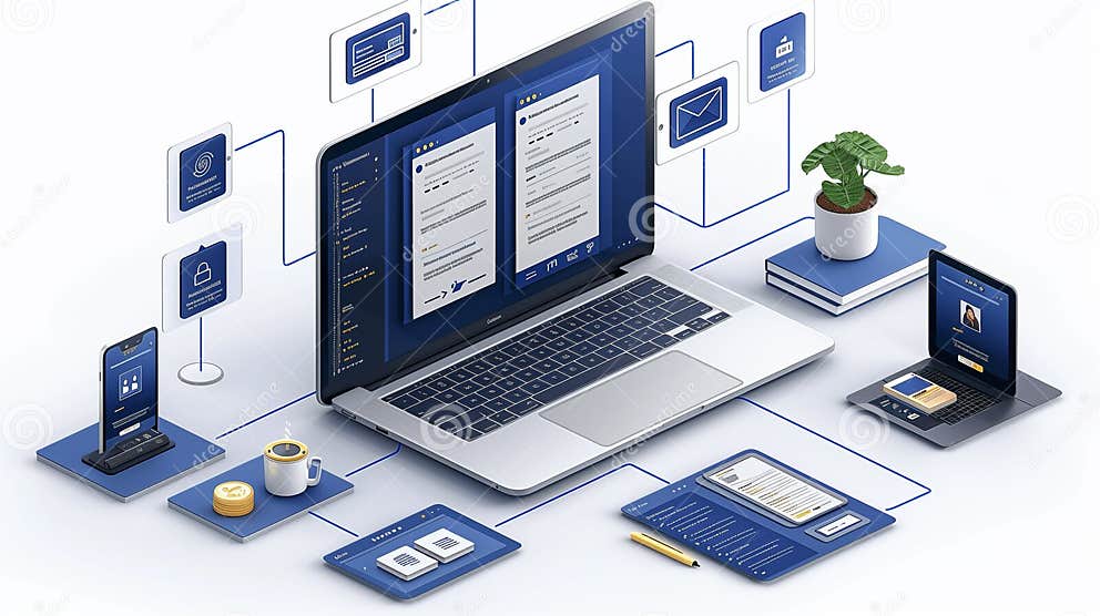 A Laptop Surrounded by Digital Interfaces, Devices, Coffee, and Plant ...