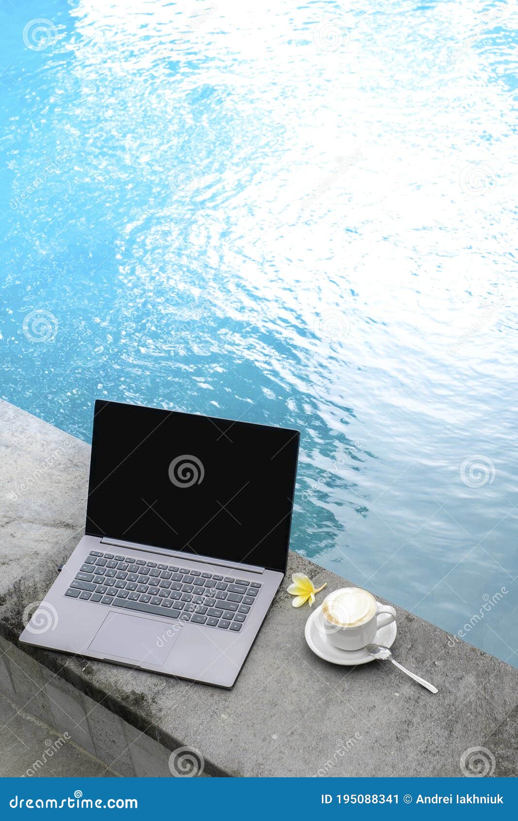 Laptop at the Swimming Pool with a Cup of Coffee Stock Image - Image of ...