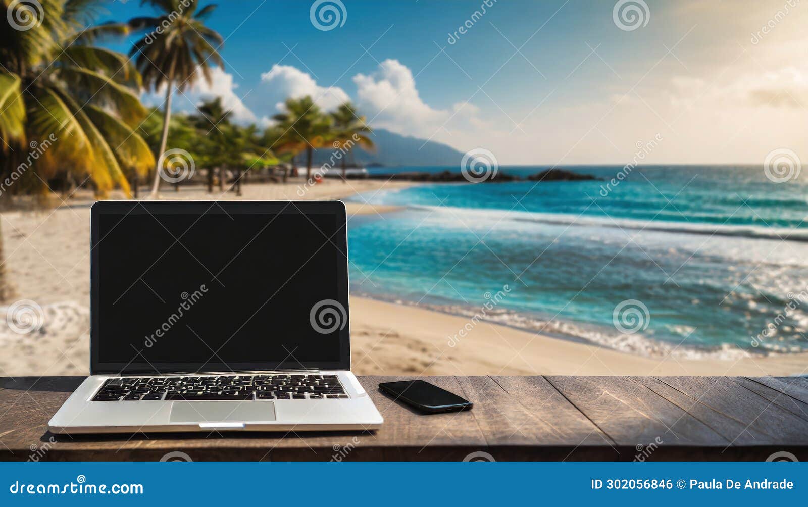 Laptop on Table at Beach. Digital Nomad and Remote Work Concept Stock ...