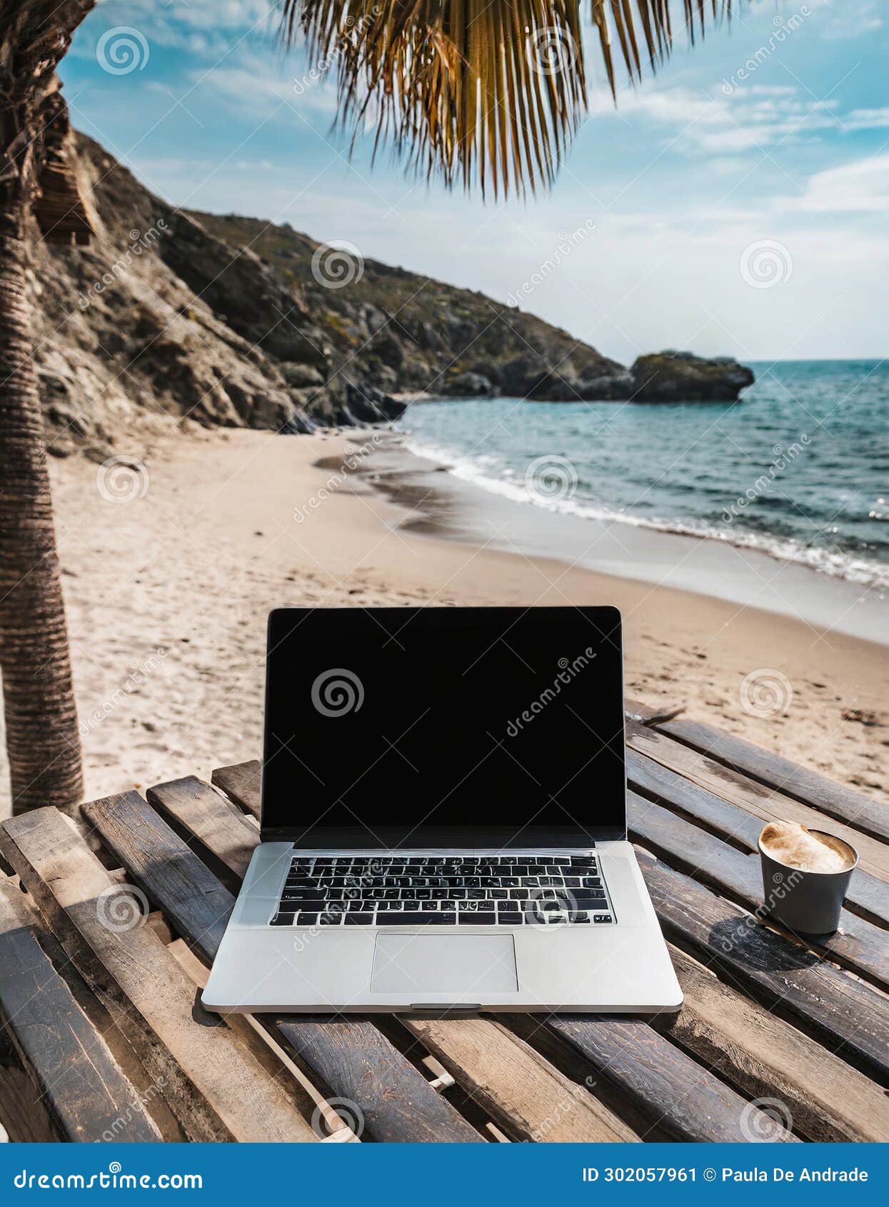 Laptop on Table at Beach. Digital Nomad and Remote Work Concept Stock ...