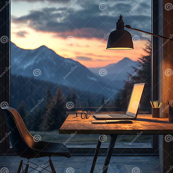 Laptop on a Table in Front of a Panoramic Window Overlooking the ...
