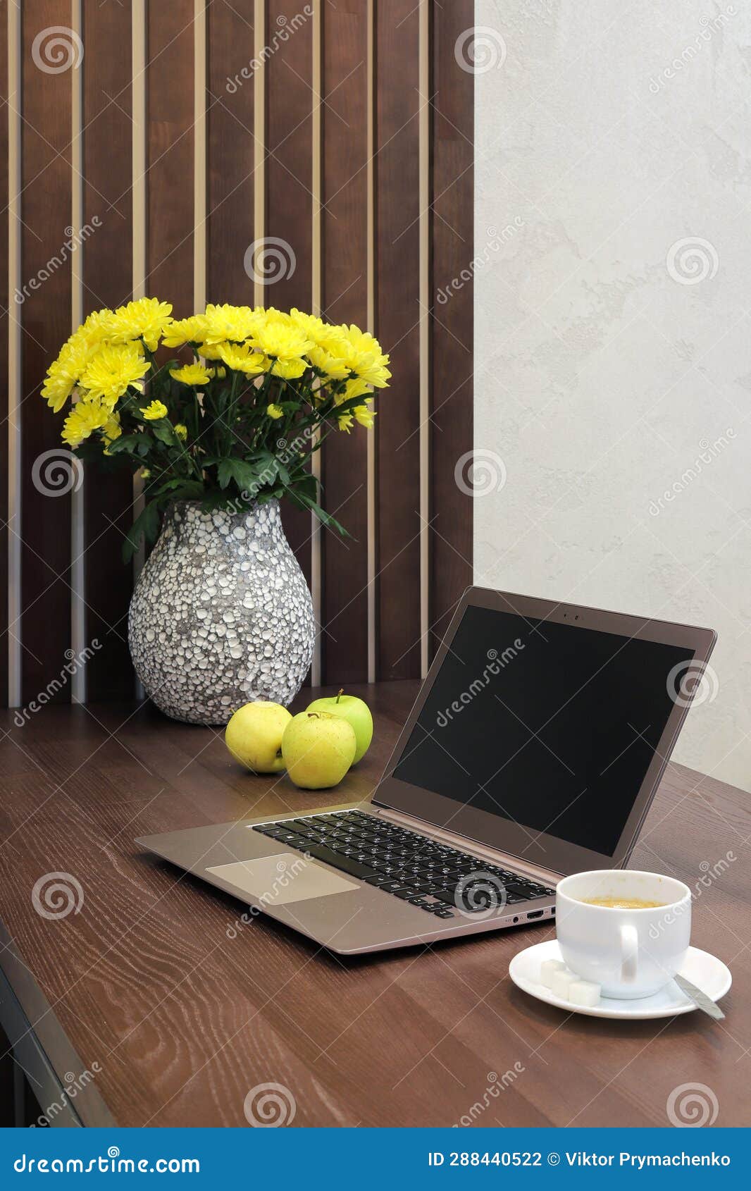 Laptop on Table in Kitchen Interior Stock Photo - Image of technology ...