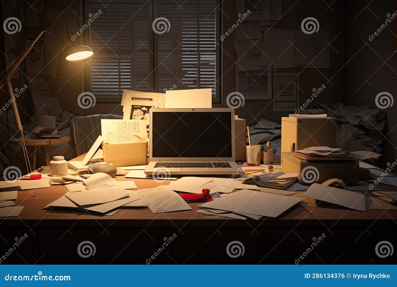 Laptop on Table with Many Paper Documents at Night, AI Generated Stock ...