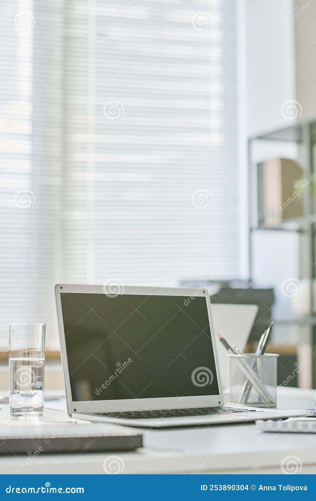 Laptop on Table at Modern Office Stock Photo - Image of table, monitor ...