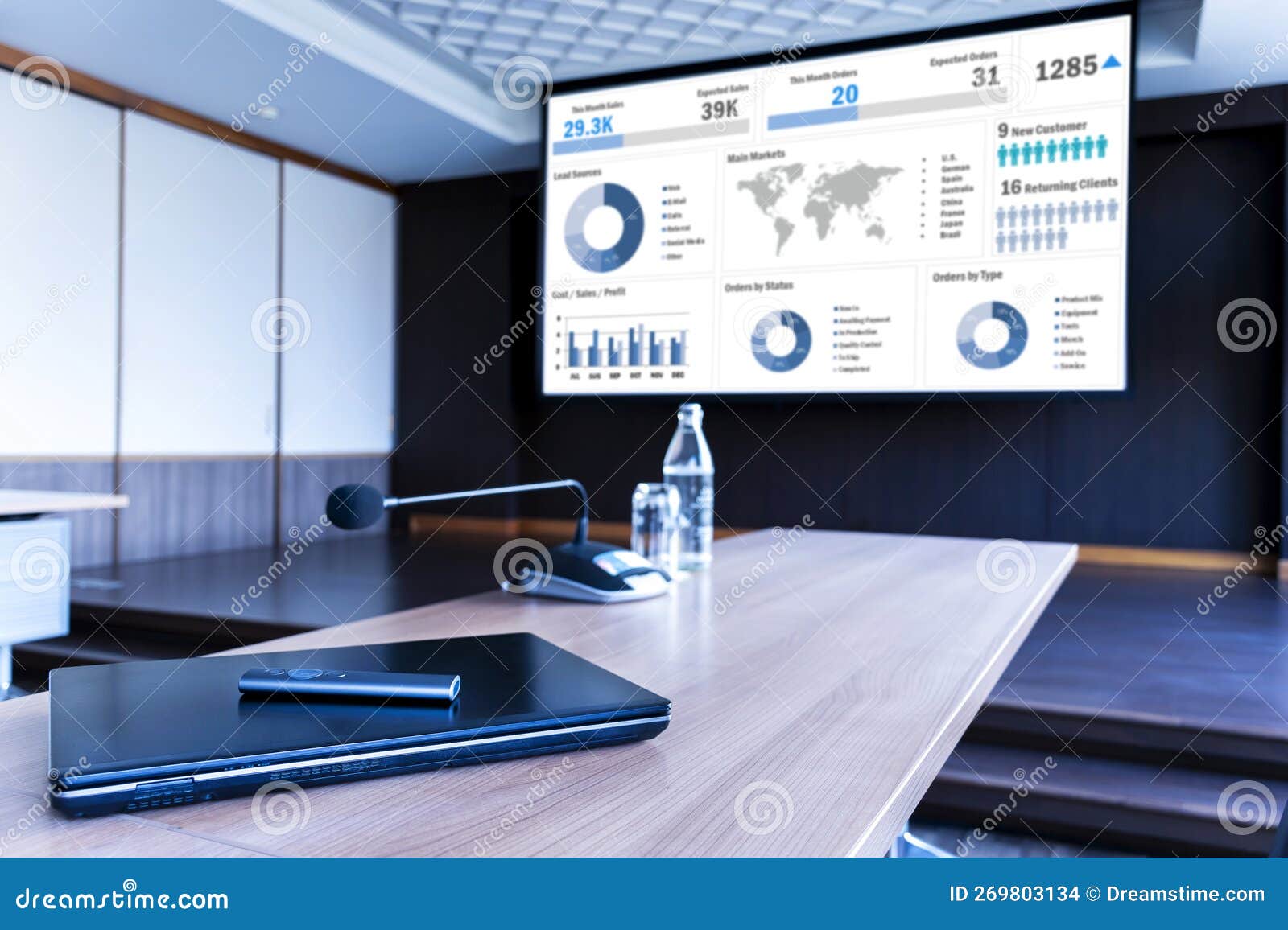 Laptop on Table with Presentation on Projector Screen in Meeting Room ...