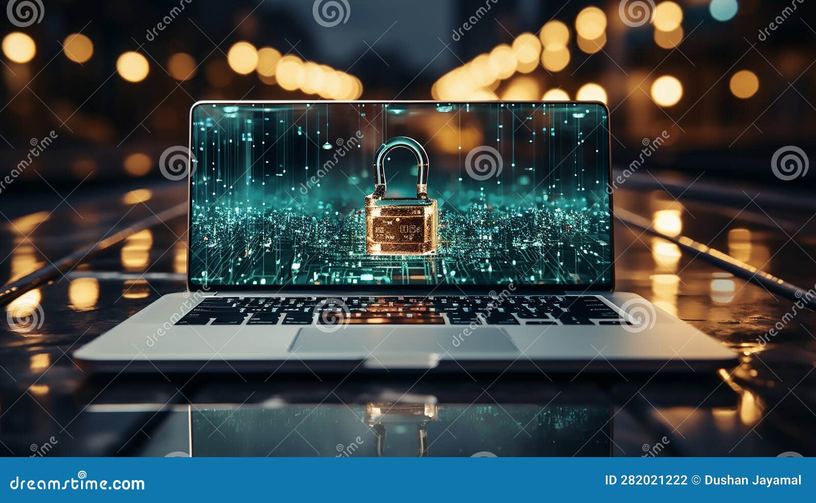 Laptop on the Table with Safe Lock Symbol on the Screen, Blue Tones ...