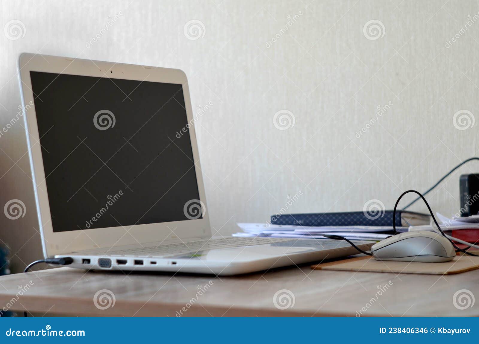 Laptop on the Table Side View, Home Workspace, Computer Desk with White ...