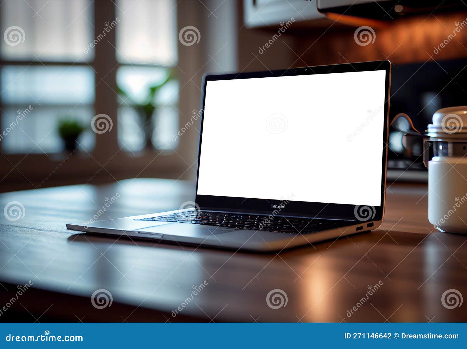 Laptop on a Table with a White Screen. Computer in the Apartment Stock ...