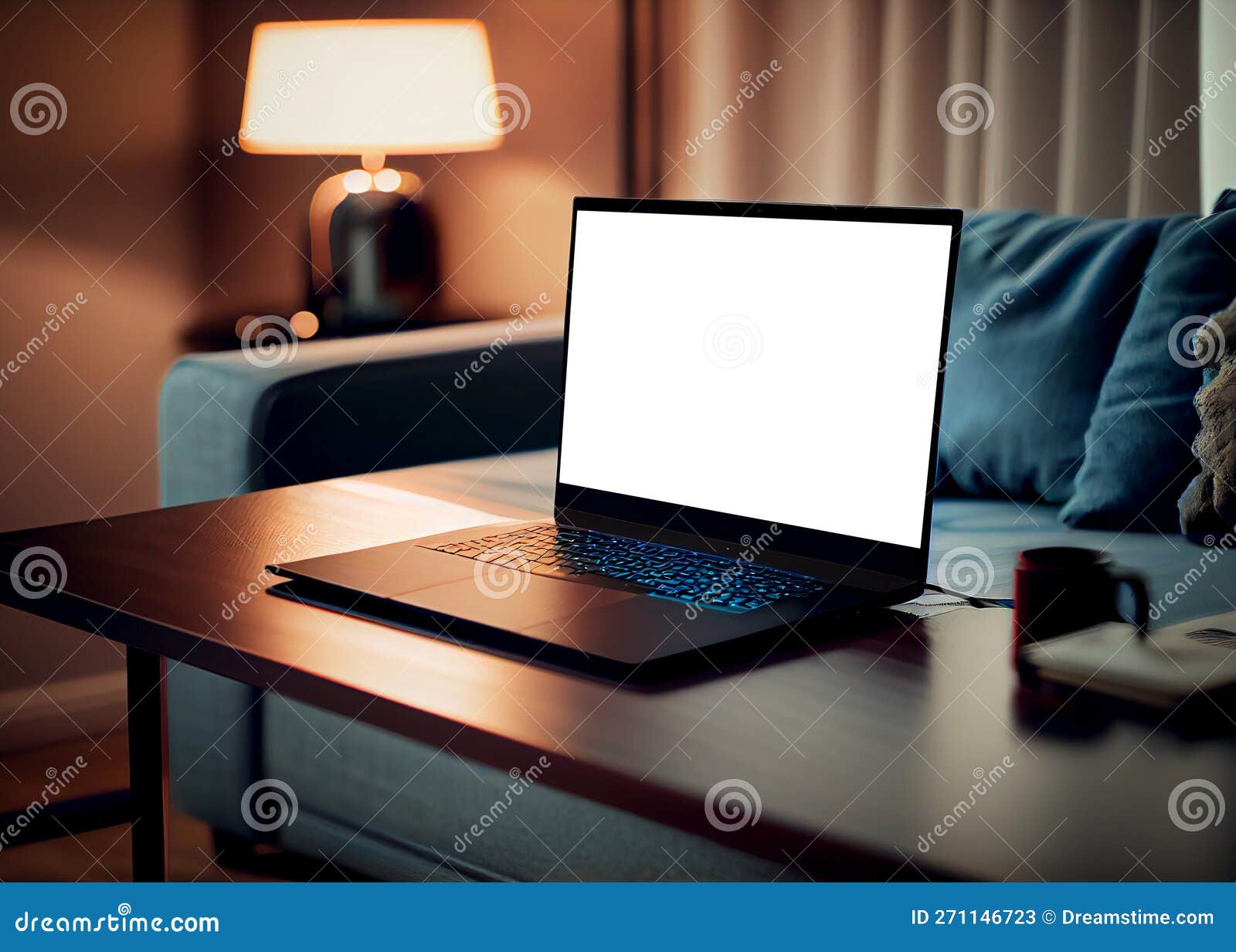 Laptop on a Table with a White Screen. Computer in the Apartment Stock ...