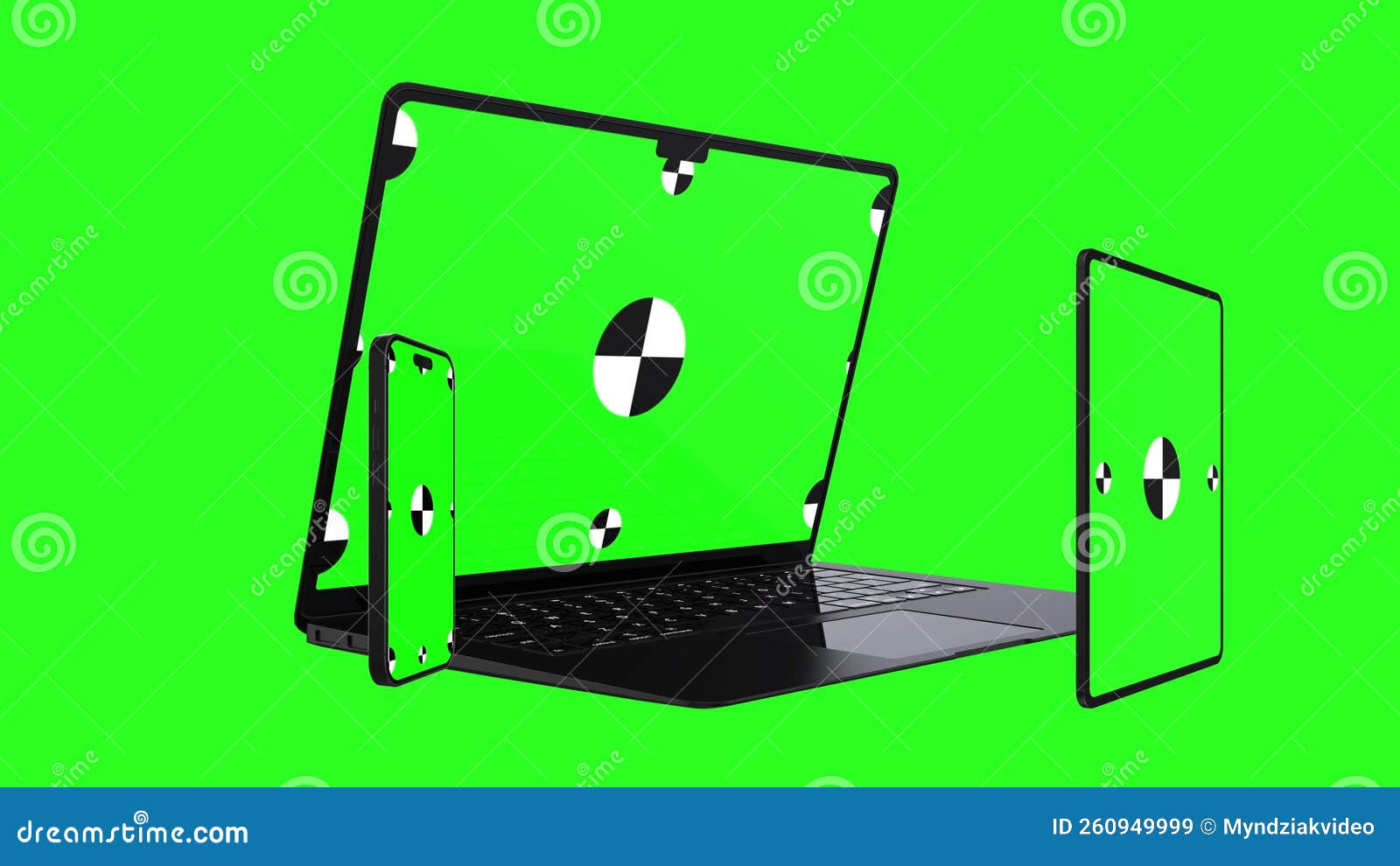 Laptop, Tablet Computer, Smartphone with Green Screens. 3D Animation ...