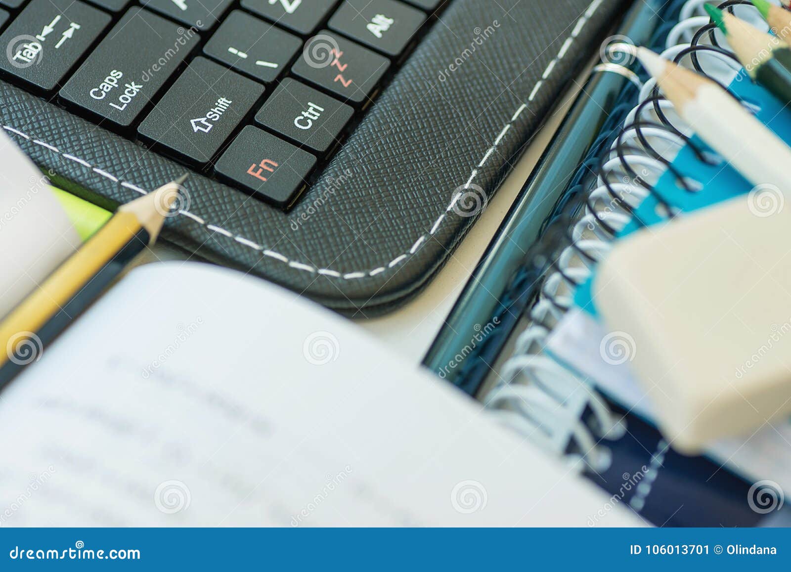 Laptop Tablet Keyboard Opened Textbook Pencil Stack of Notebooks Pen on ...