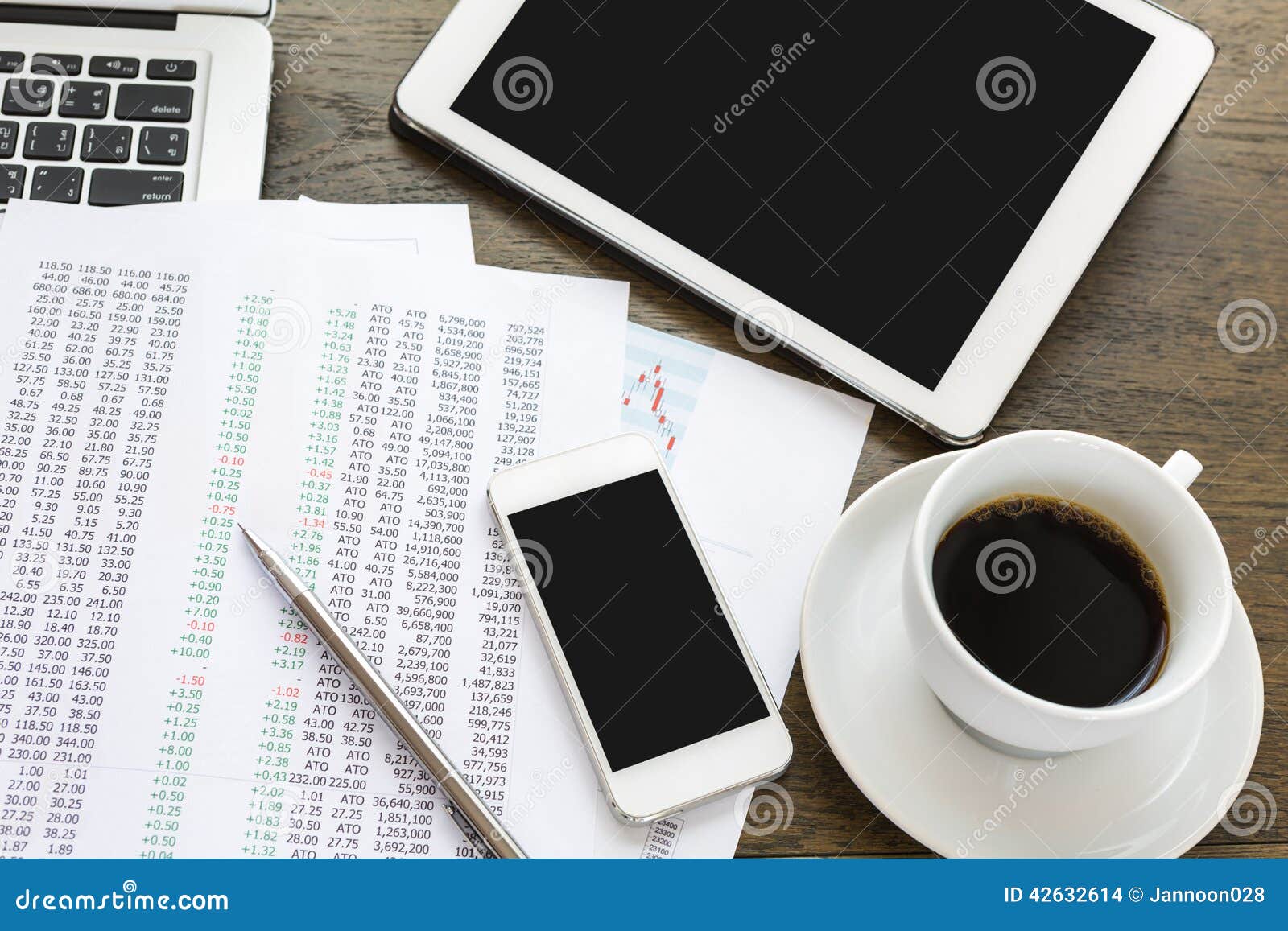 Laptop, Tablet , Smartphone and Coffee Cup with Financial Documents on ...