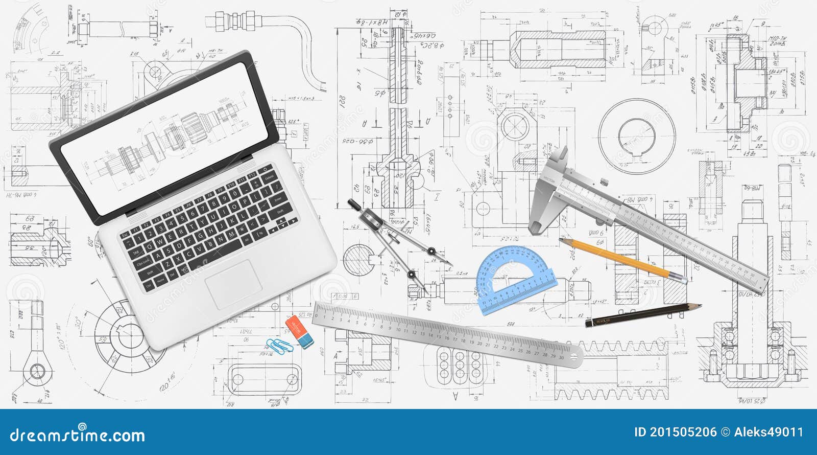 Laptop and Technological Tool.Technical Drawing Background.Mechanical ...
