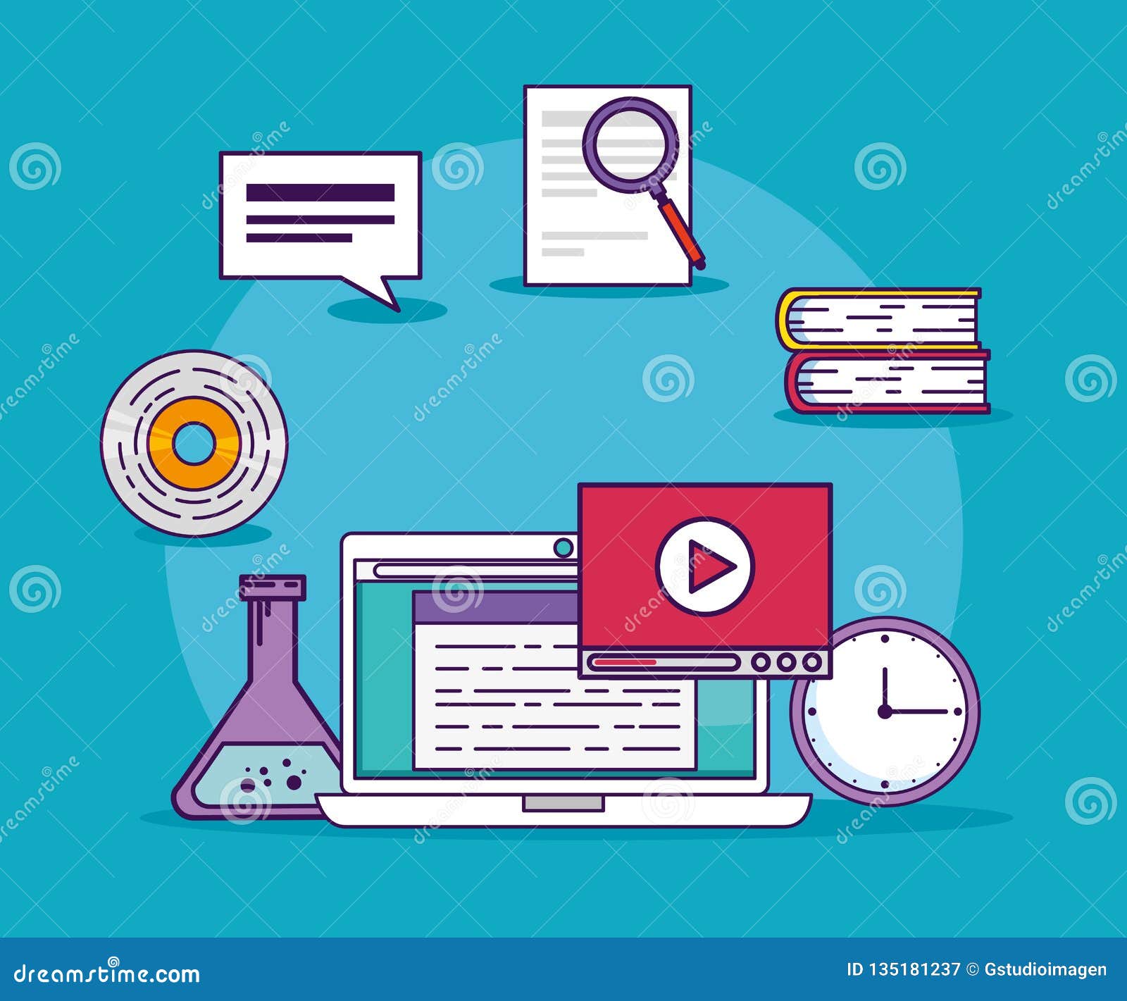 Laptop Technology With Books And Erlenmeyer Flask Cartoon Vector ...