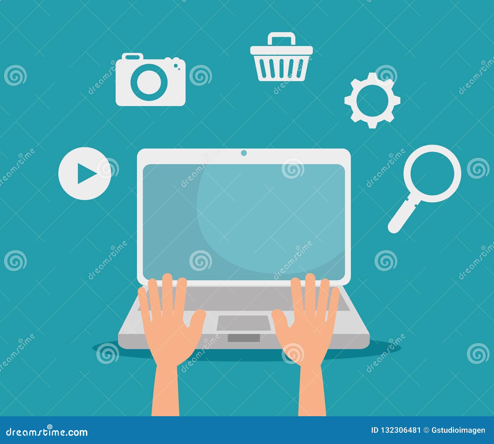Laptop Technology and Hands with Digital Apps Stock Vector ...