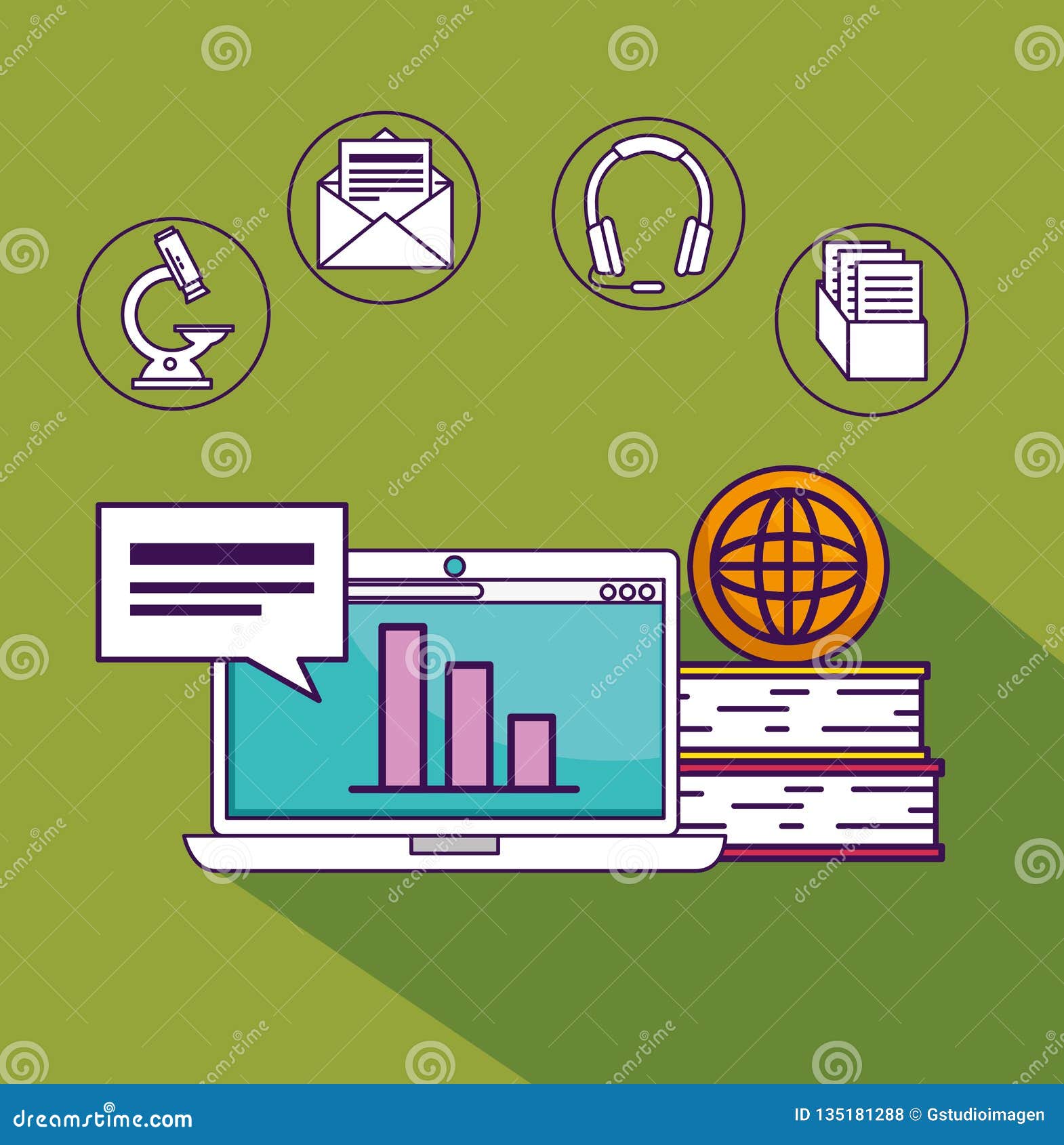 Laptop Technology with Statistics Bar and Education Books Stock Vector ...