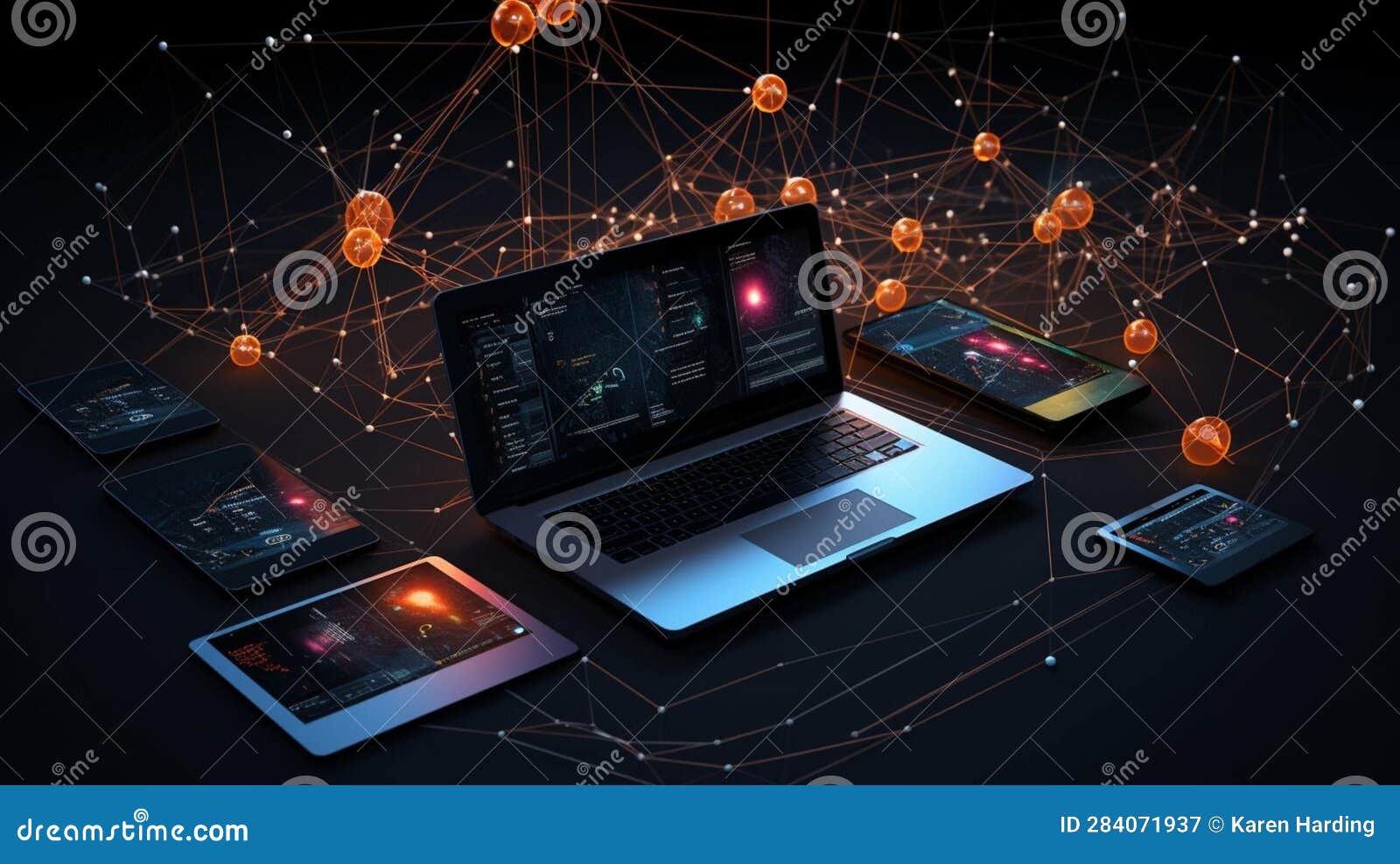 Laptop and Technology Surrounded by Intricate Network Design ...