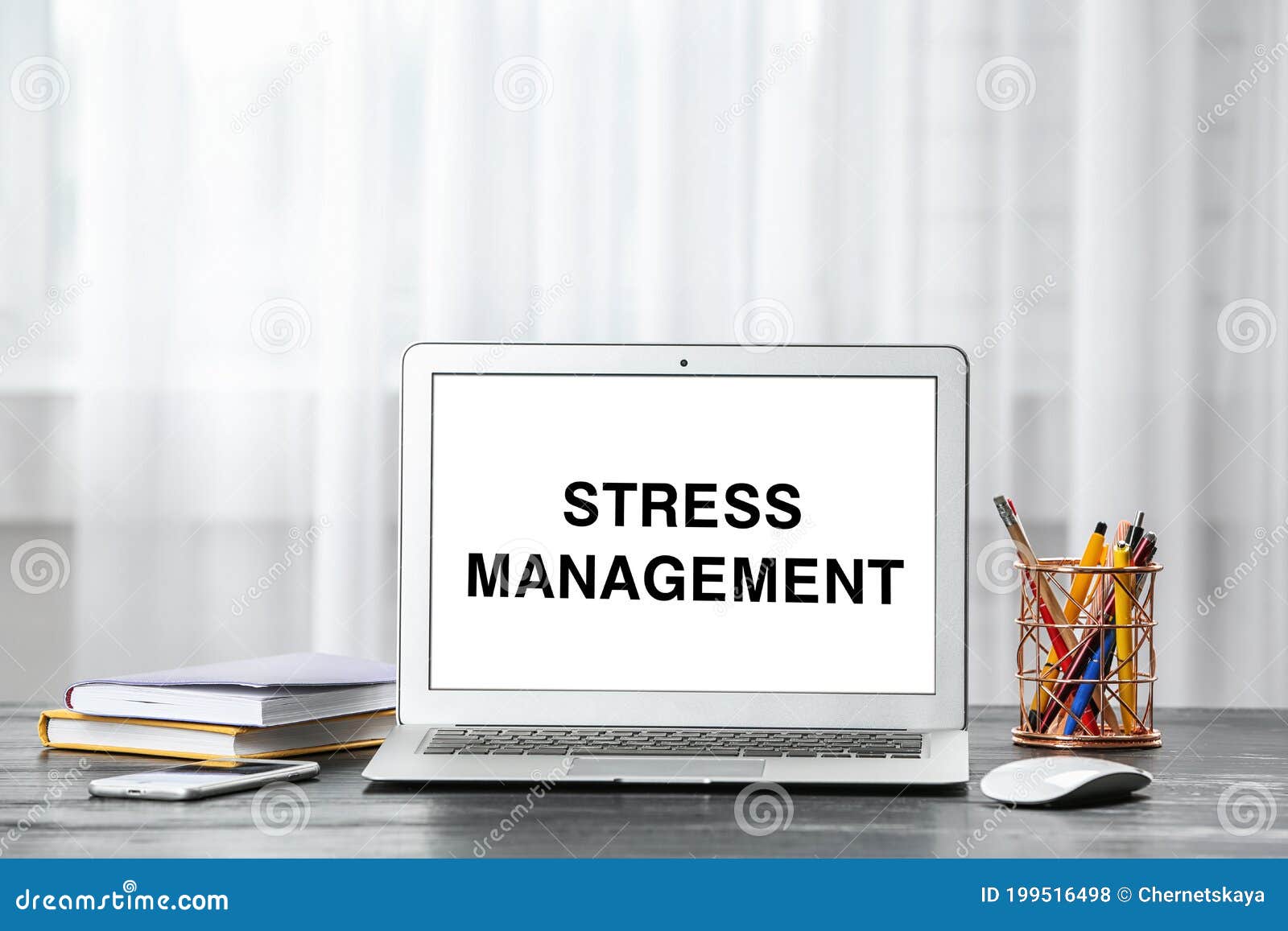 Laptop with Text Stress Management on Screen at Workplace Stock Photo ...