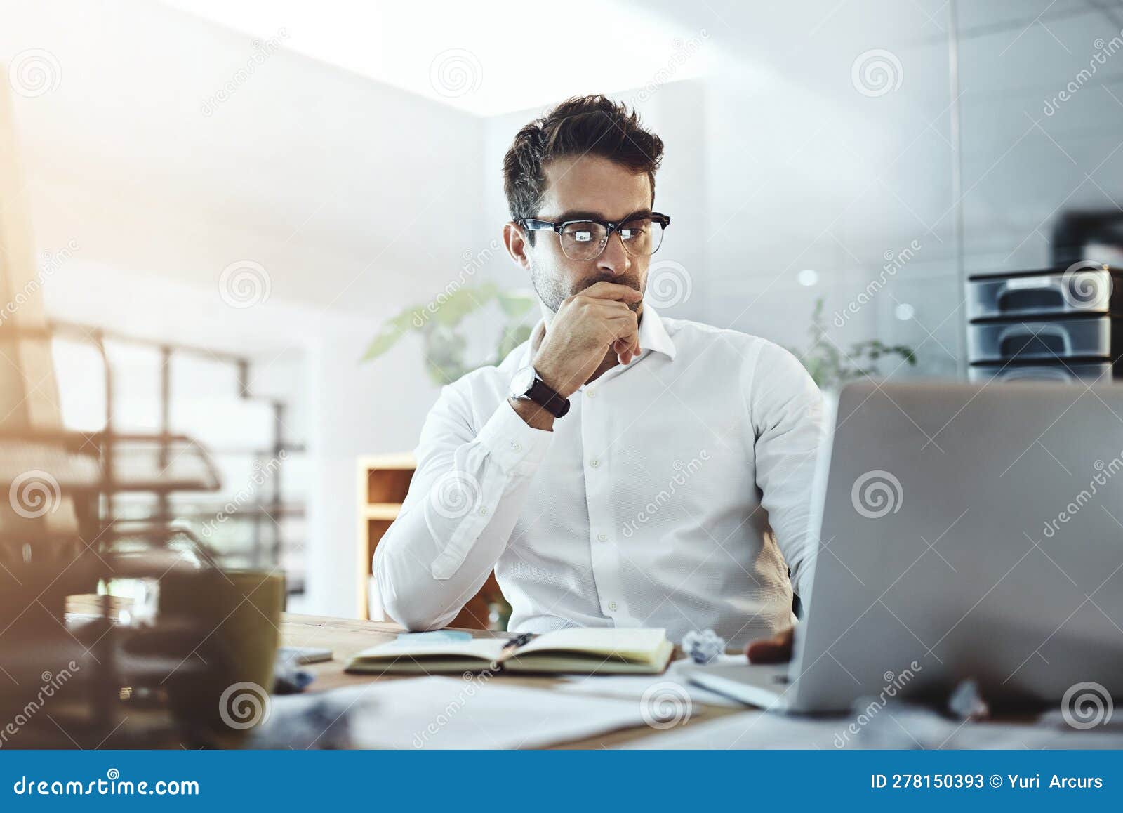 Laptop, Thinking and Business Man in Office, Working on Project or ...