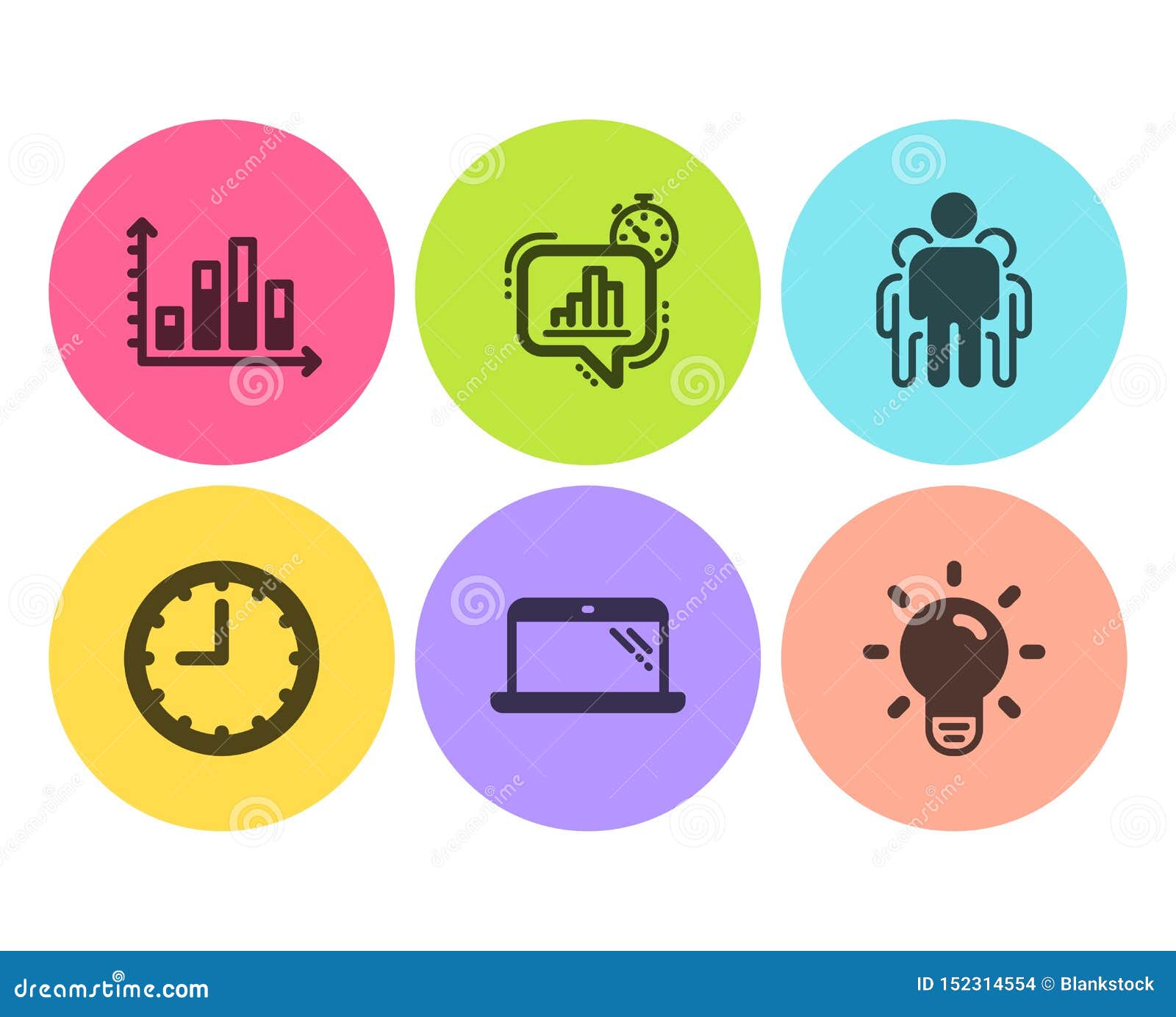 Laptop, Time and Group Icons Set. Diagram Graph, Statistics Timer and ...